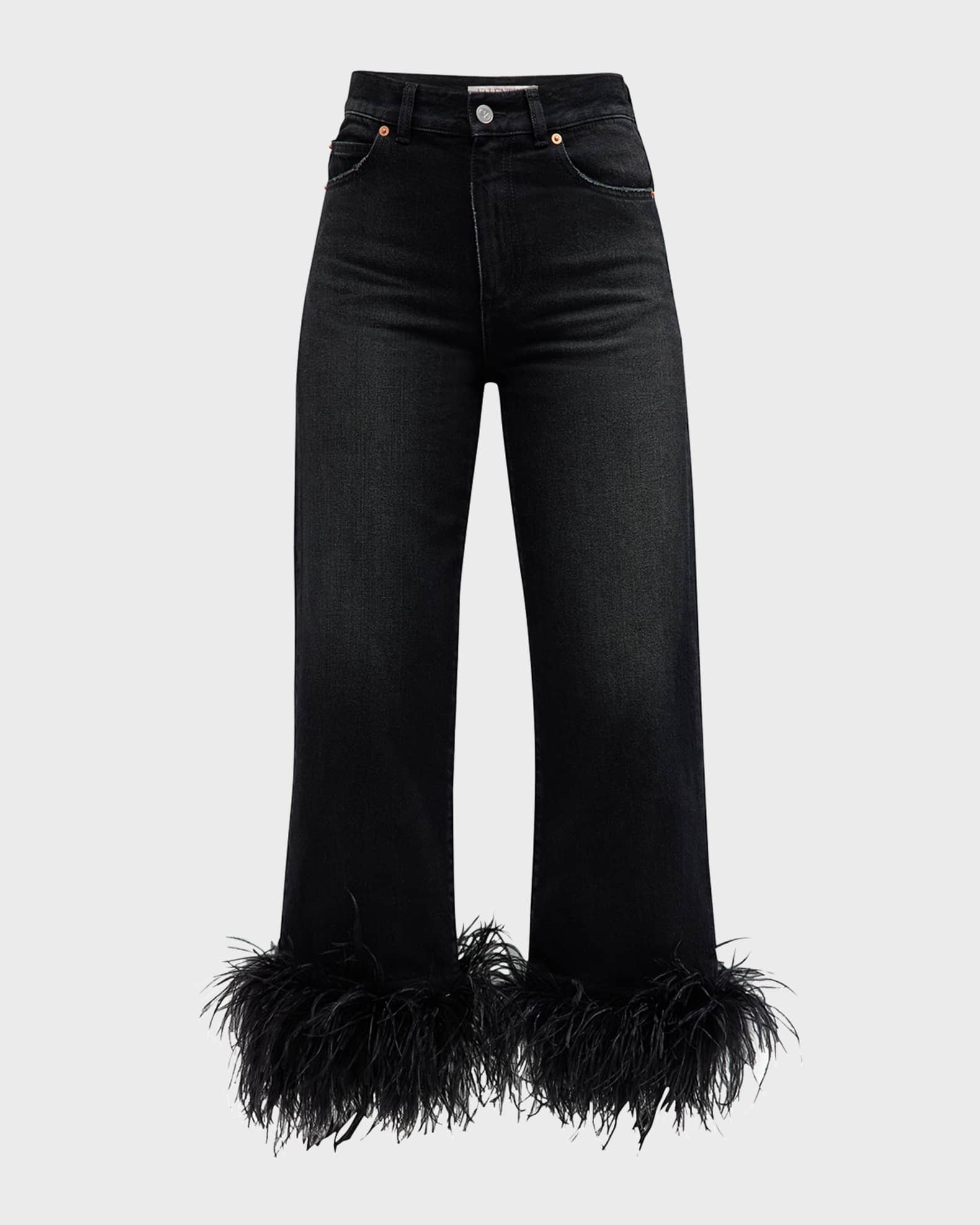 Valentino Garavani Feather Trim Denim Pants | Neiman Marcus