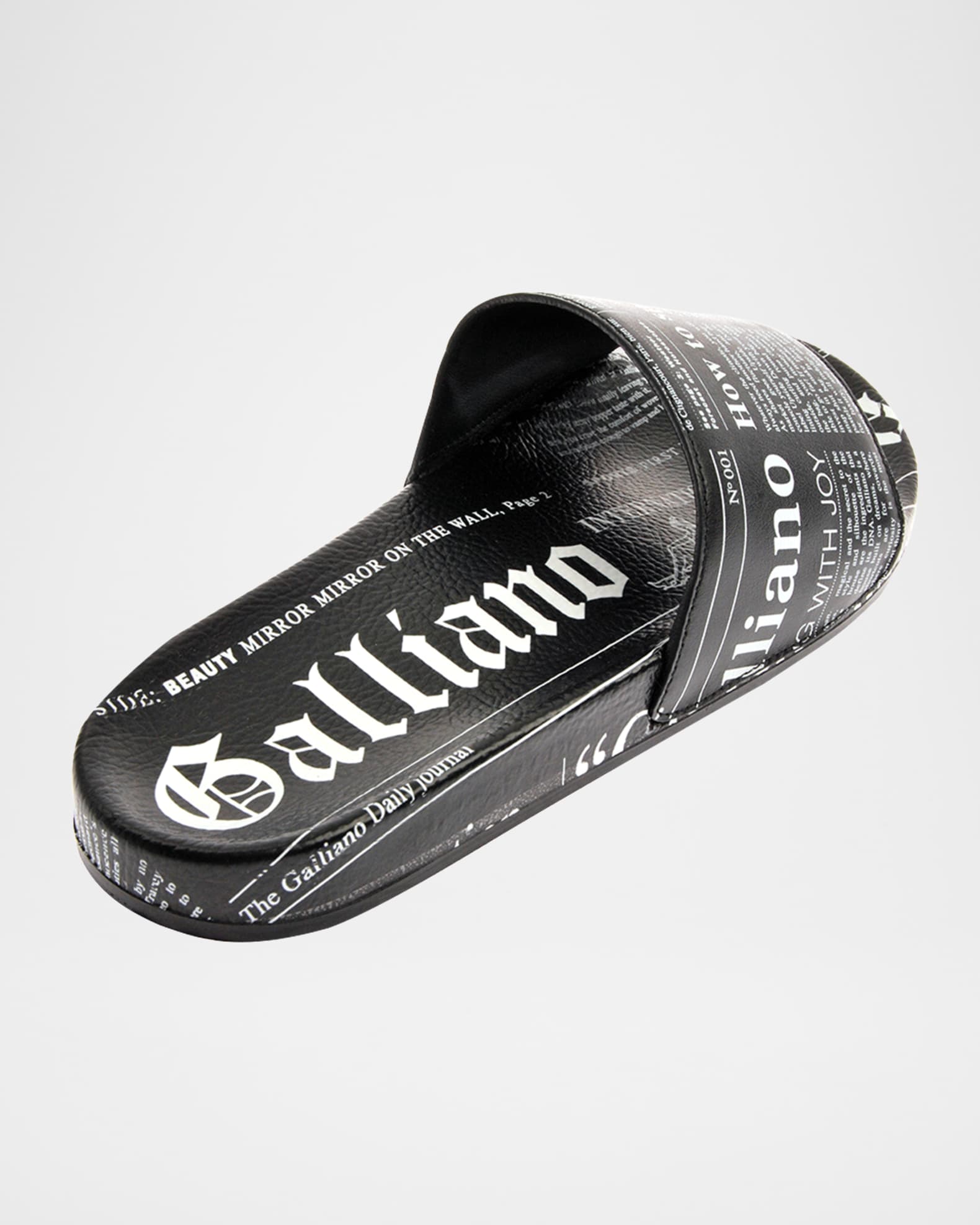 John Galliano Paris Men's Gazette-Print Leather Pool Slides | Neiman Marcus