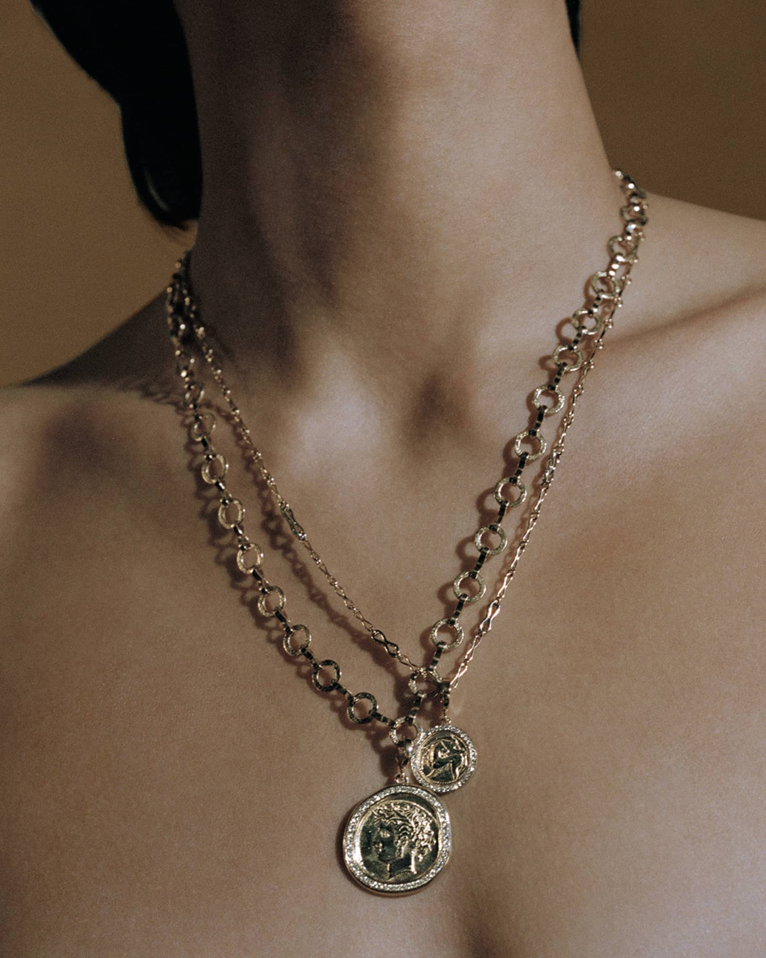 AZLEE 18K Yellow Gold Goddess Pave Diamond Coin Pendant | Neiman Marcus