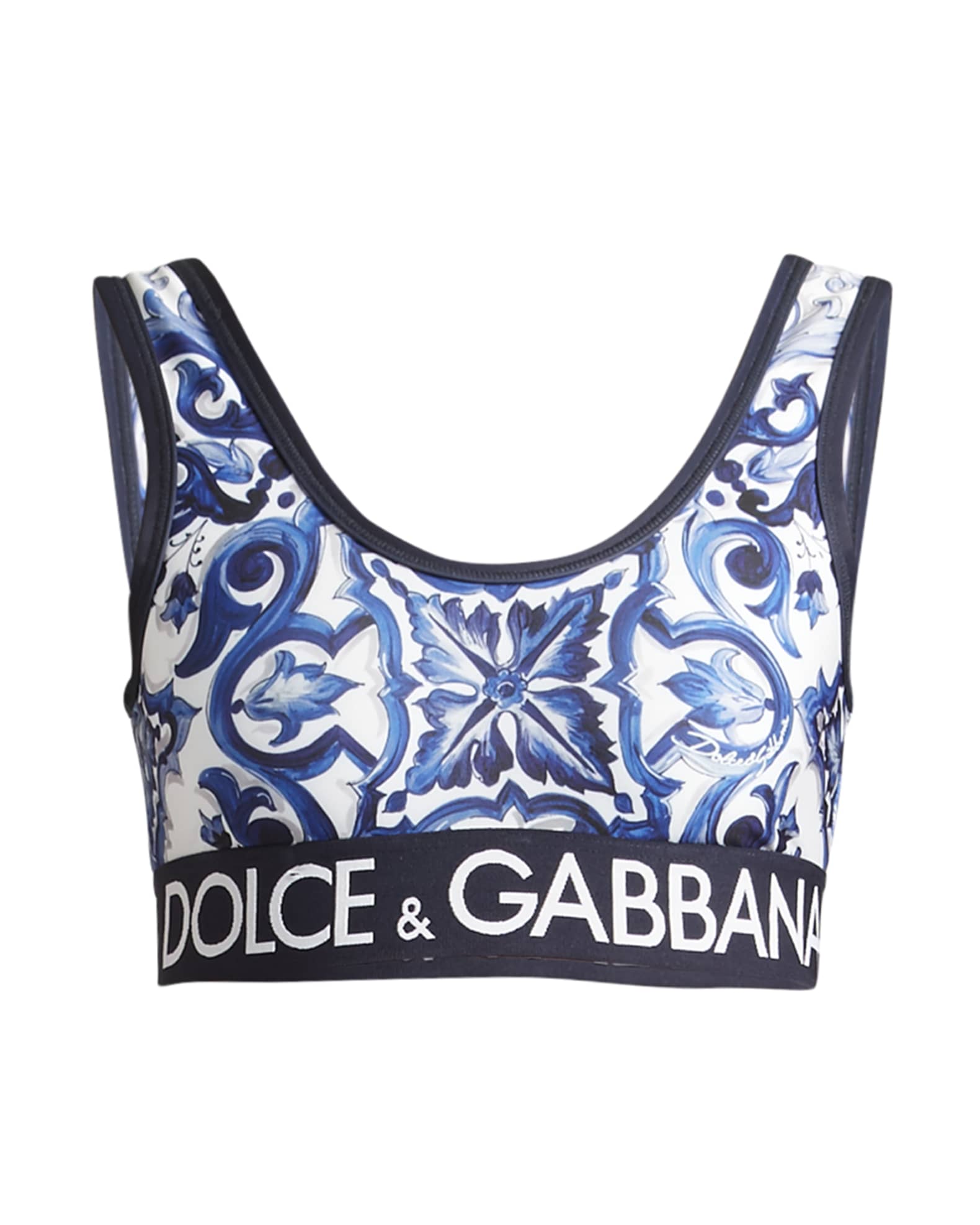 Dolce&Gabbana Logo Band Tile-Print Lycra Bra Top | Neiman Marcus