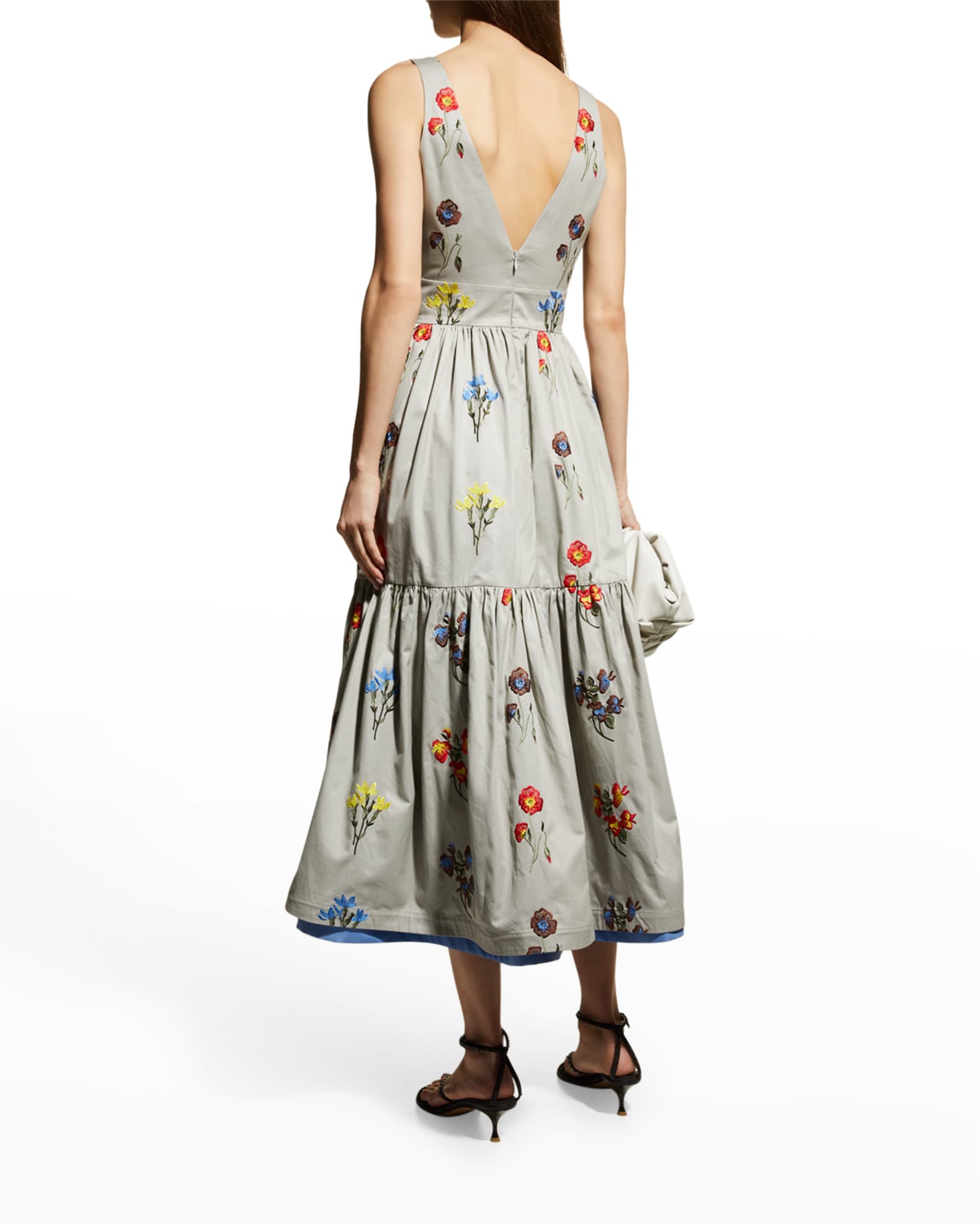Silvia Tcherassi Dorotea Floral Embroidered Tiered Midi Dress Neiman