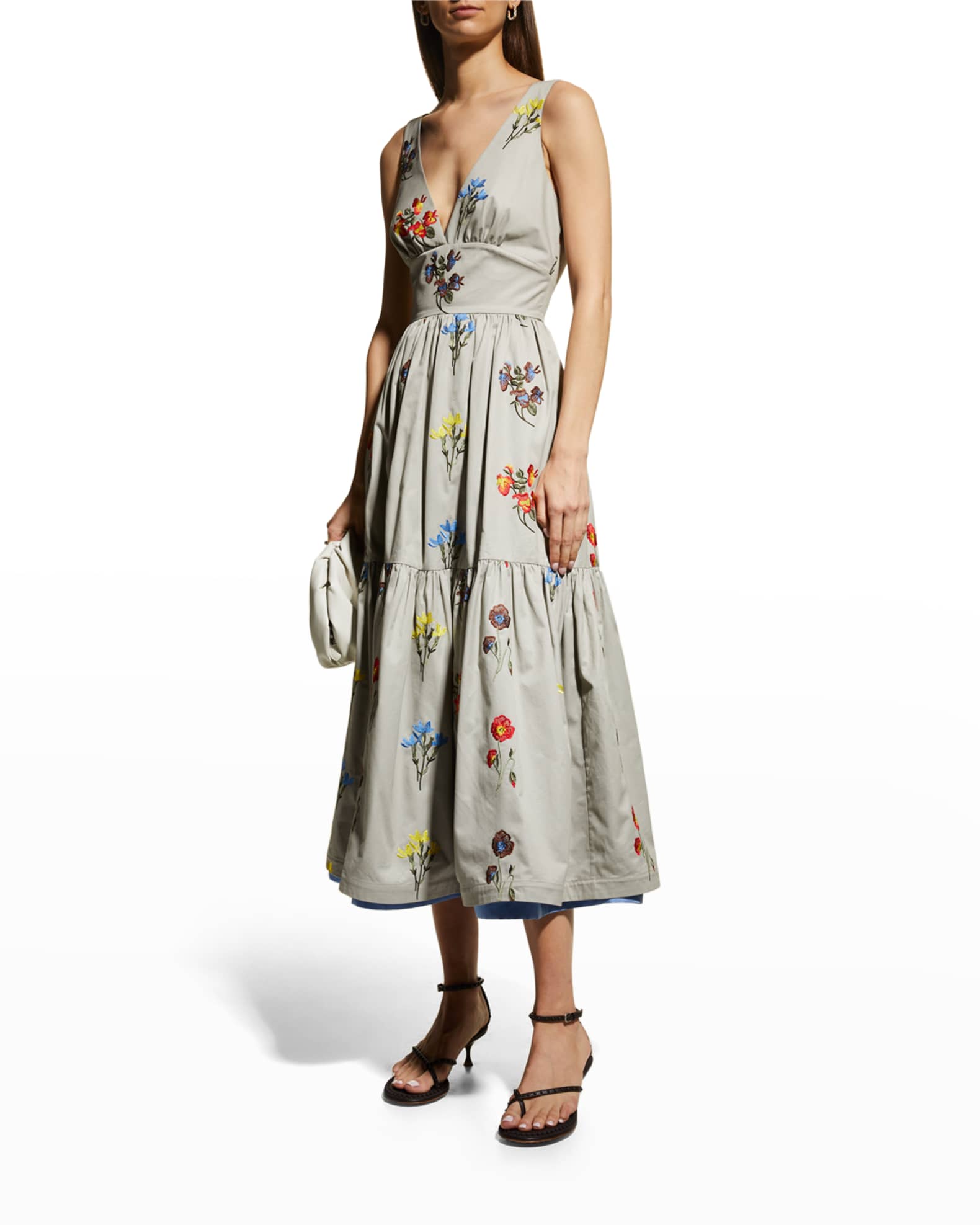 Silvia Tcherassi Dorotea Floral Embroidered Tiered Midi Dress Neiman