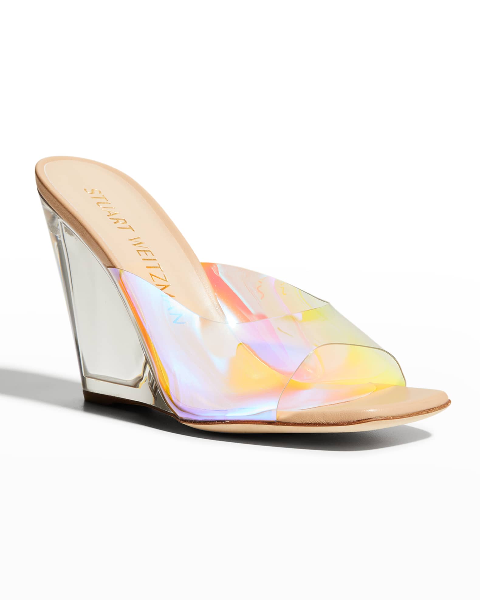 Stuart Weitzman Tia Transparent Wedge Slide Sandals | Neiman Marcus
