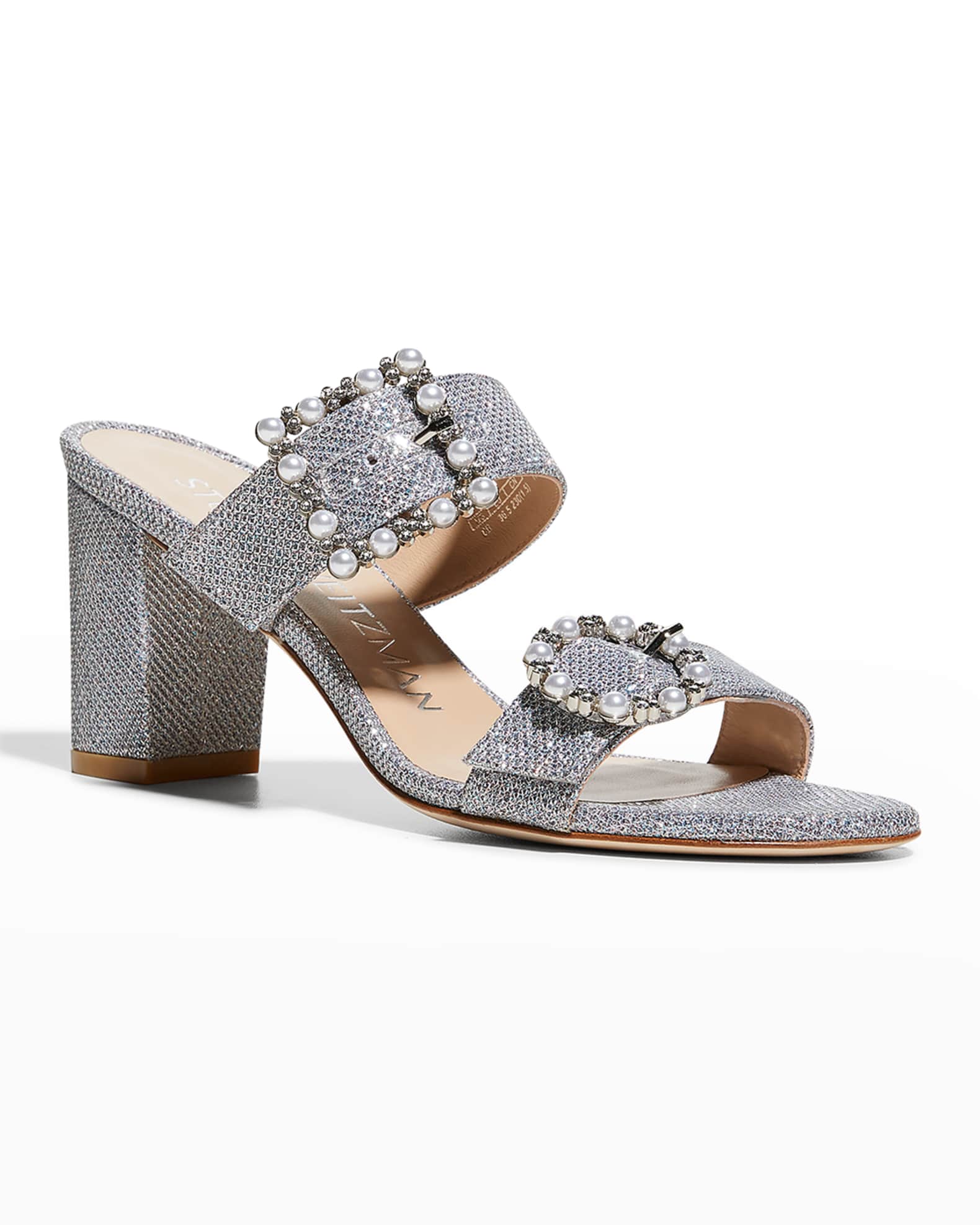 Stuart Weitzman Pearly Buckle Dual-Band Slide Sandals | Neiman Marcus