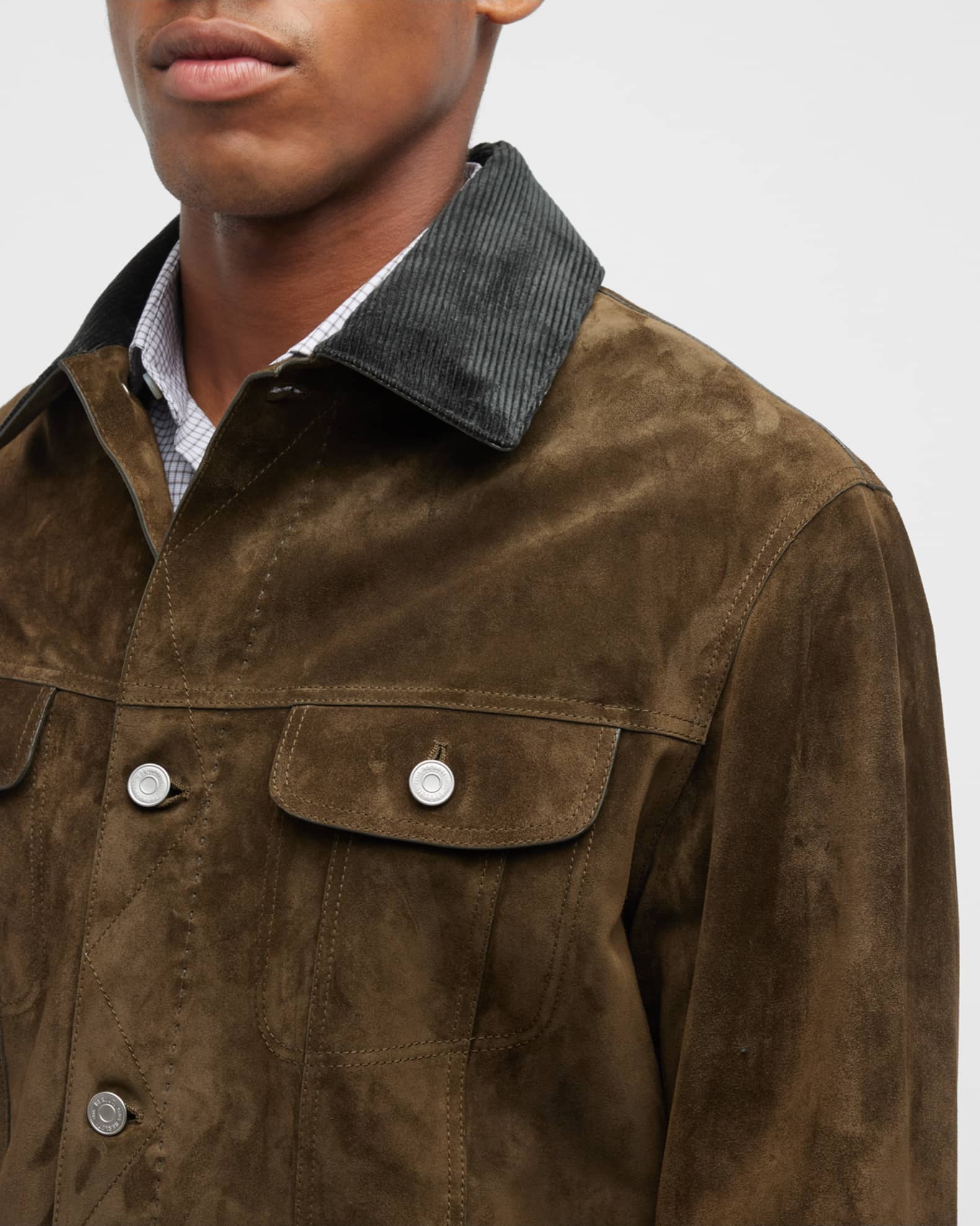 Berluti Men's Corduroy Collar Suede Leather Jacket | Neiman Marcus