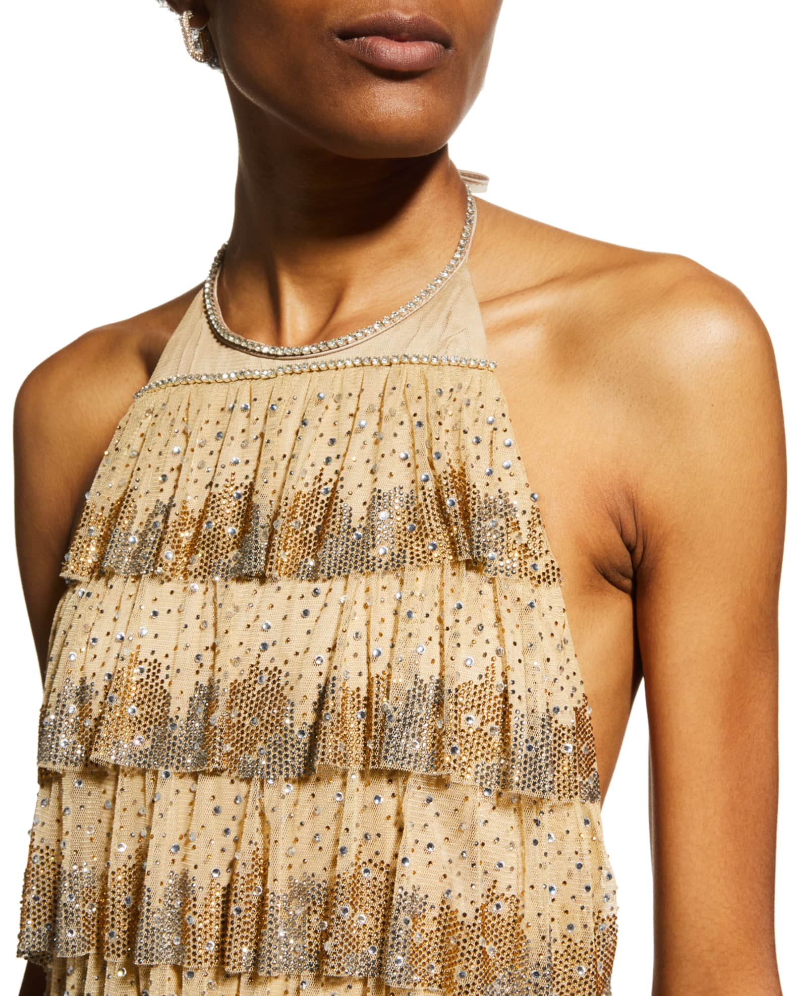 RAISAVANESSA Strass Ruffle Tiered Halter Mini Dress | Neiman Marcus