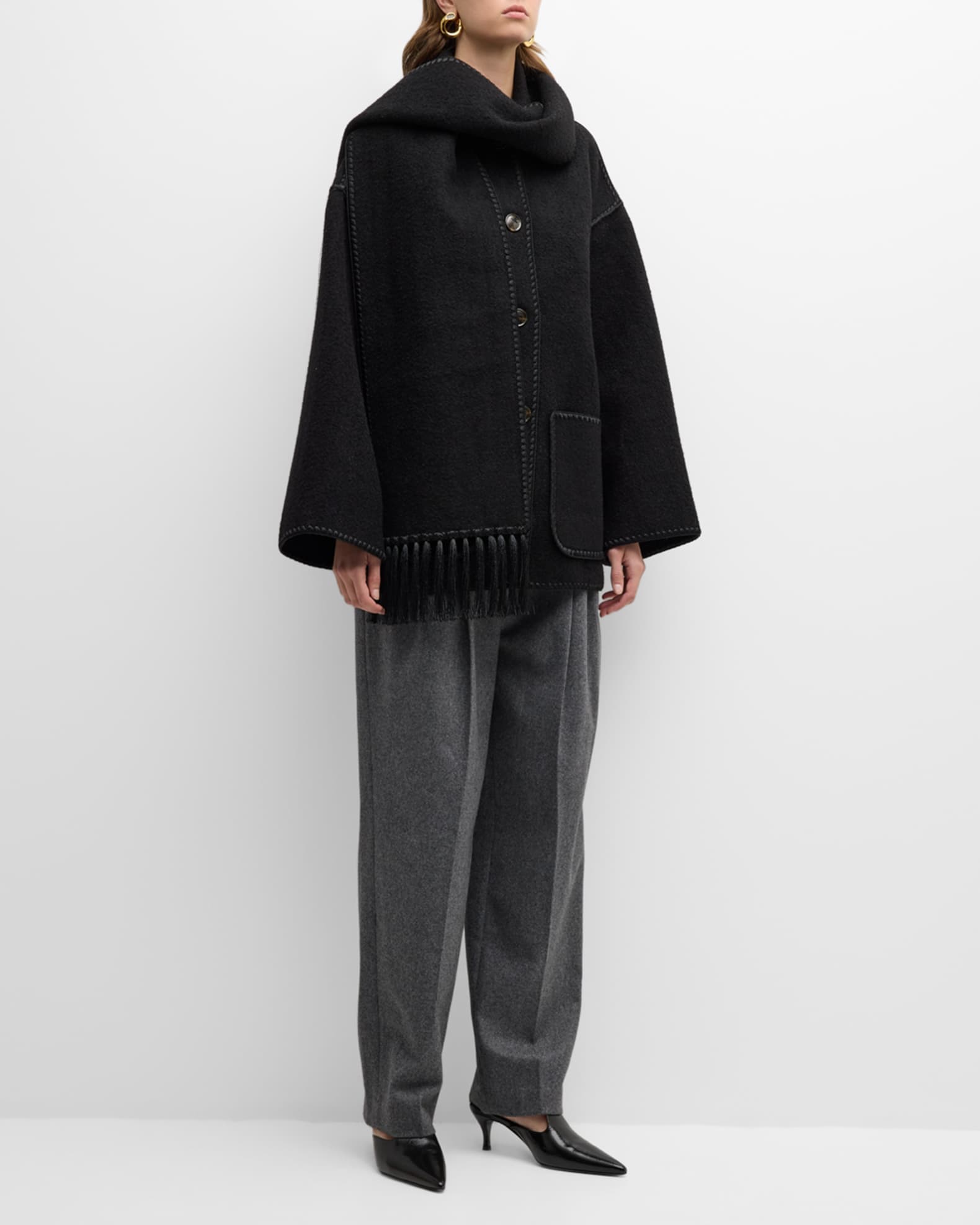 Toteme Embroidered Fringe-Trim Scarf Wool Jacket | Neiman Marcus