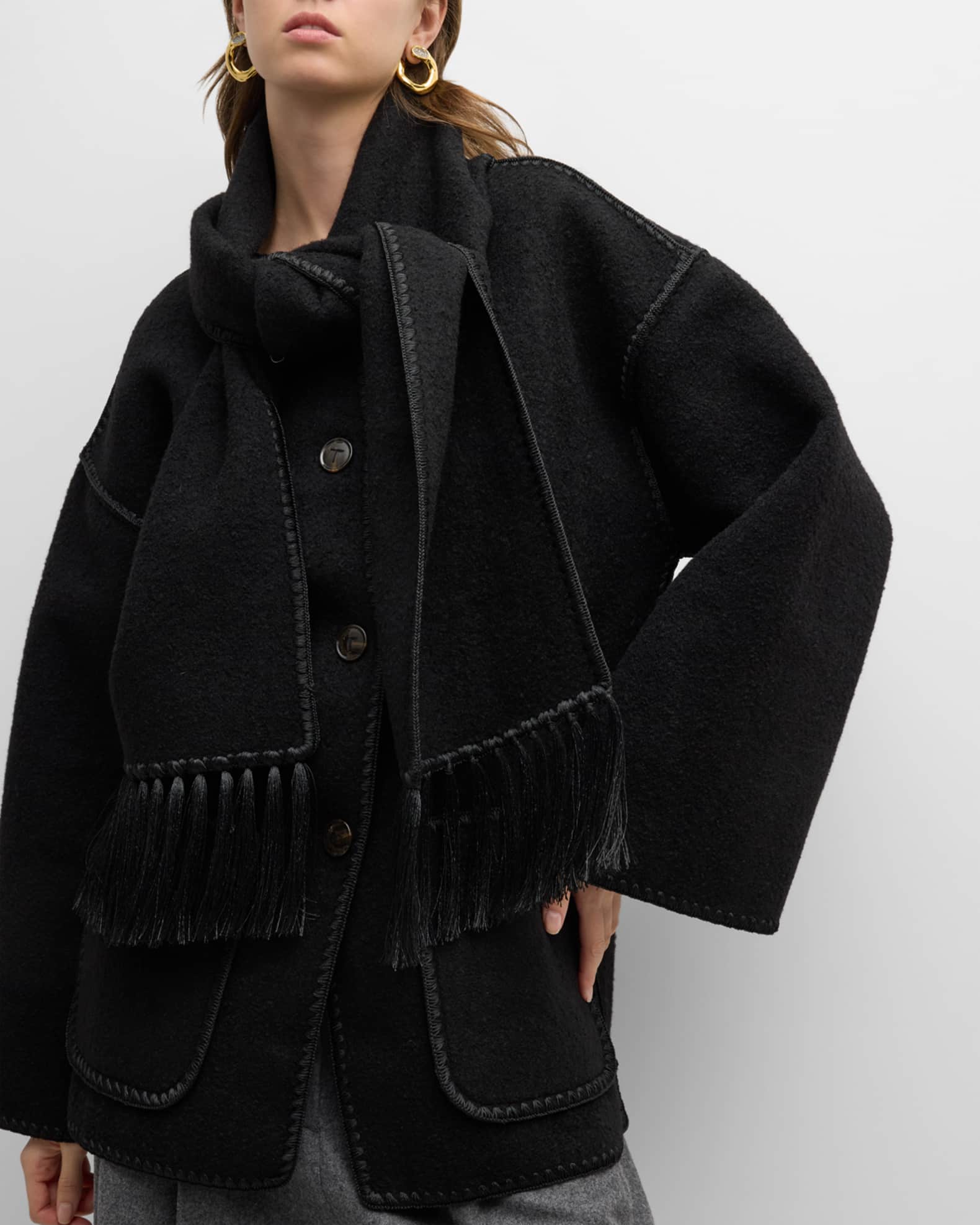 Toteme Embroidered Fringe-Trim Scarf Wool Jacket | Neiman Marcus