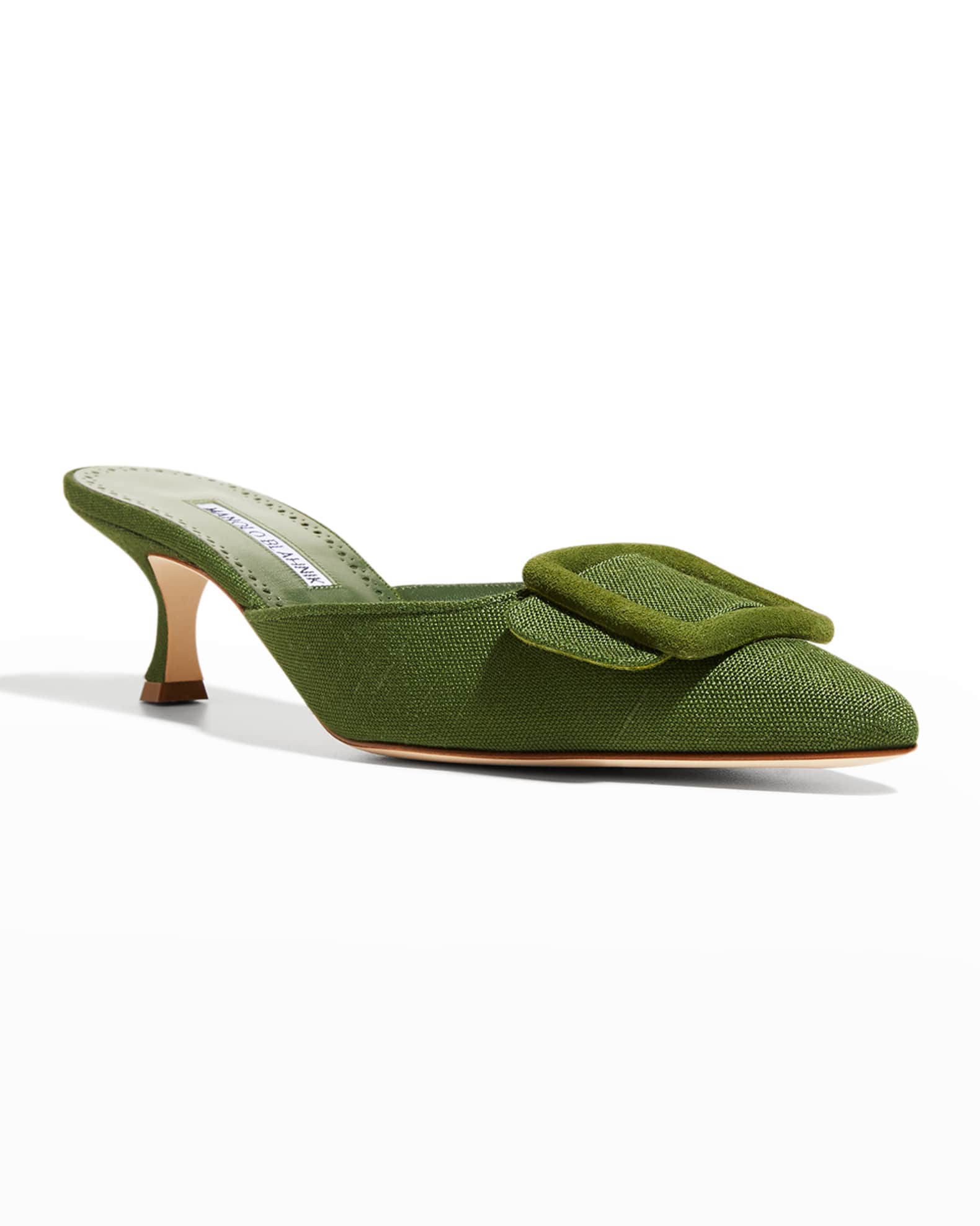 Manolo Blahnik Maysale Suede Buckle Mules | Neiman Marcus