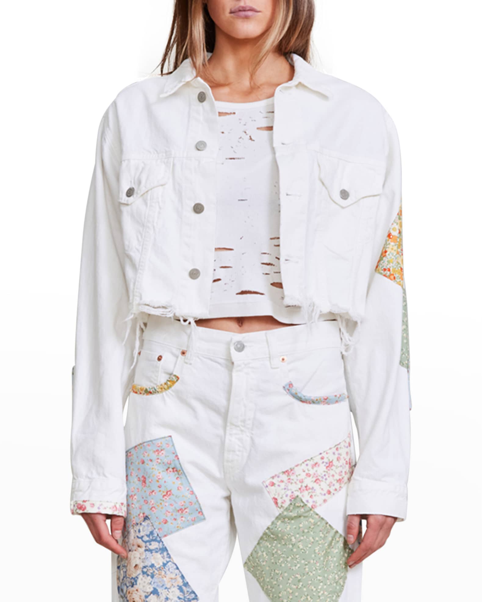 Denimist Agnes Patchwork Cropped Denim Trucker Jacket | Neiman Marcus