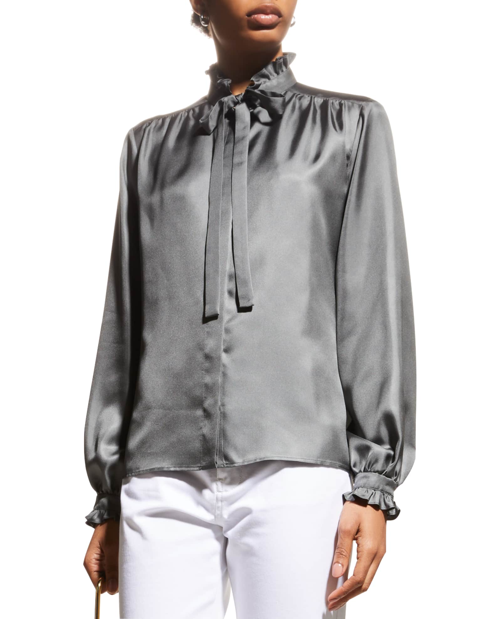 Max Mara Lindsey Ruffle Tie-Neck Twill Blouse | Neiman Marcus