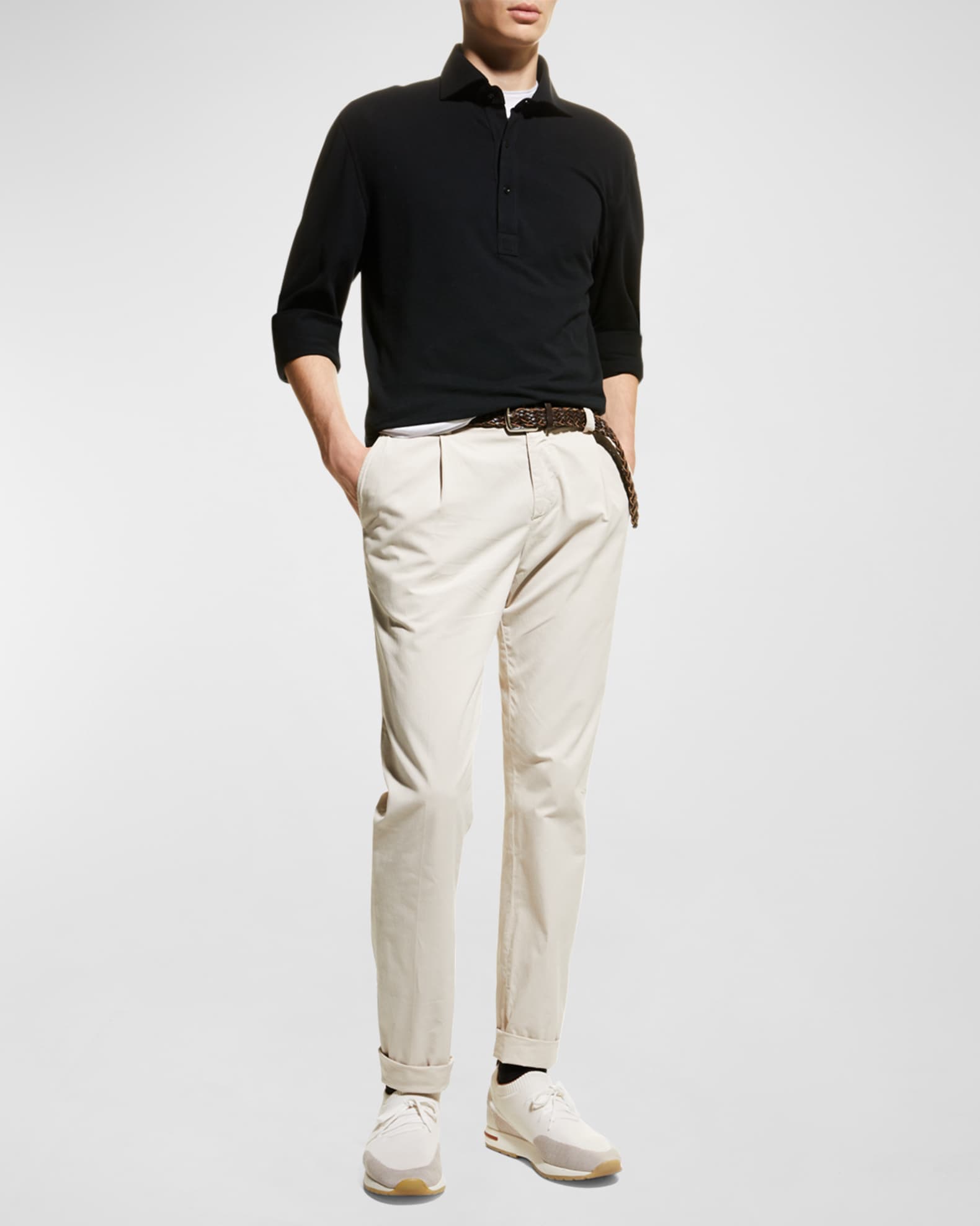 Brunello Cucinelli Men's Pique Button-Cuff Polo Shirt | Neiman Marcus