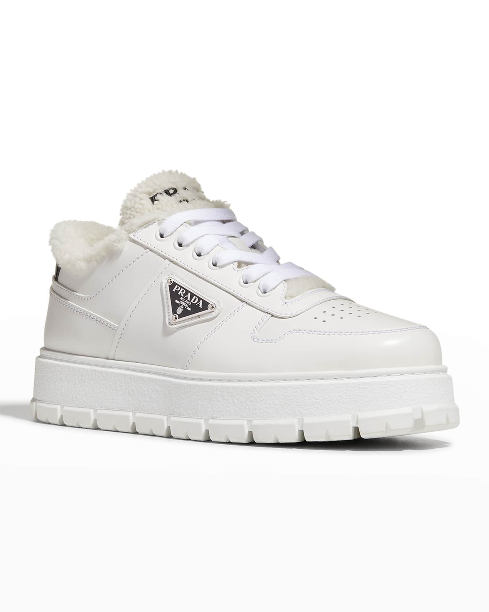 Prada Leather Shearling Lug-Sole Sneakers | Neiman Marcus