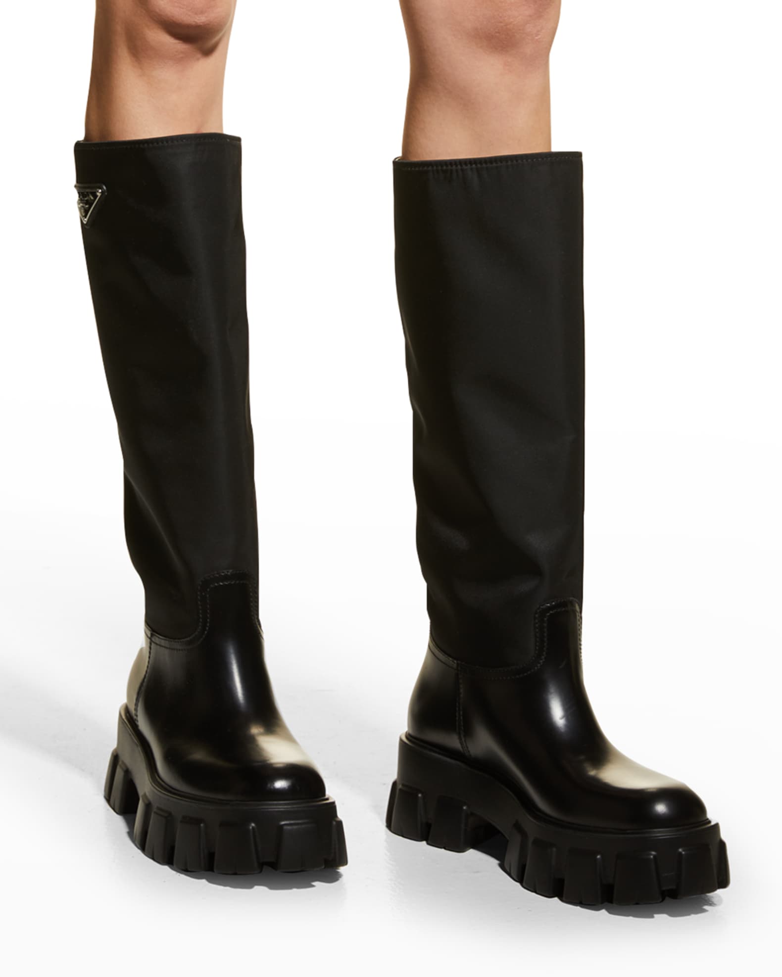 Prada Monolith Nylon Tall Riding Boots | Neiman Marcus