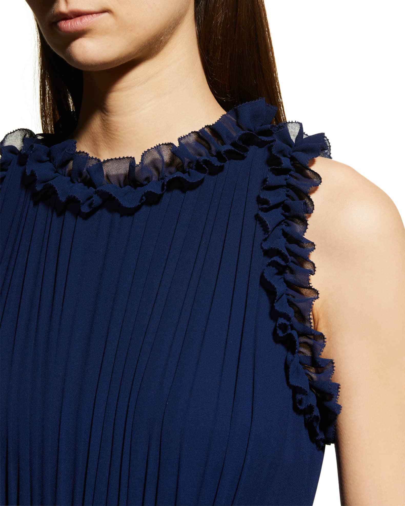 Badgley Mischka Collection Pleated Ruffle-Trim Halter Gown | Neiman Marcus