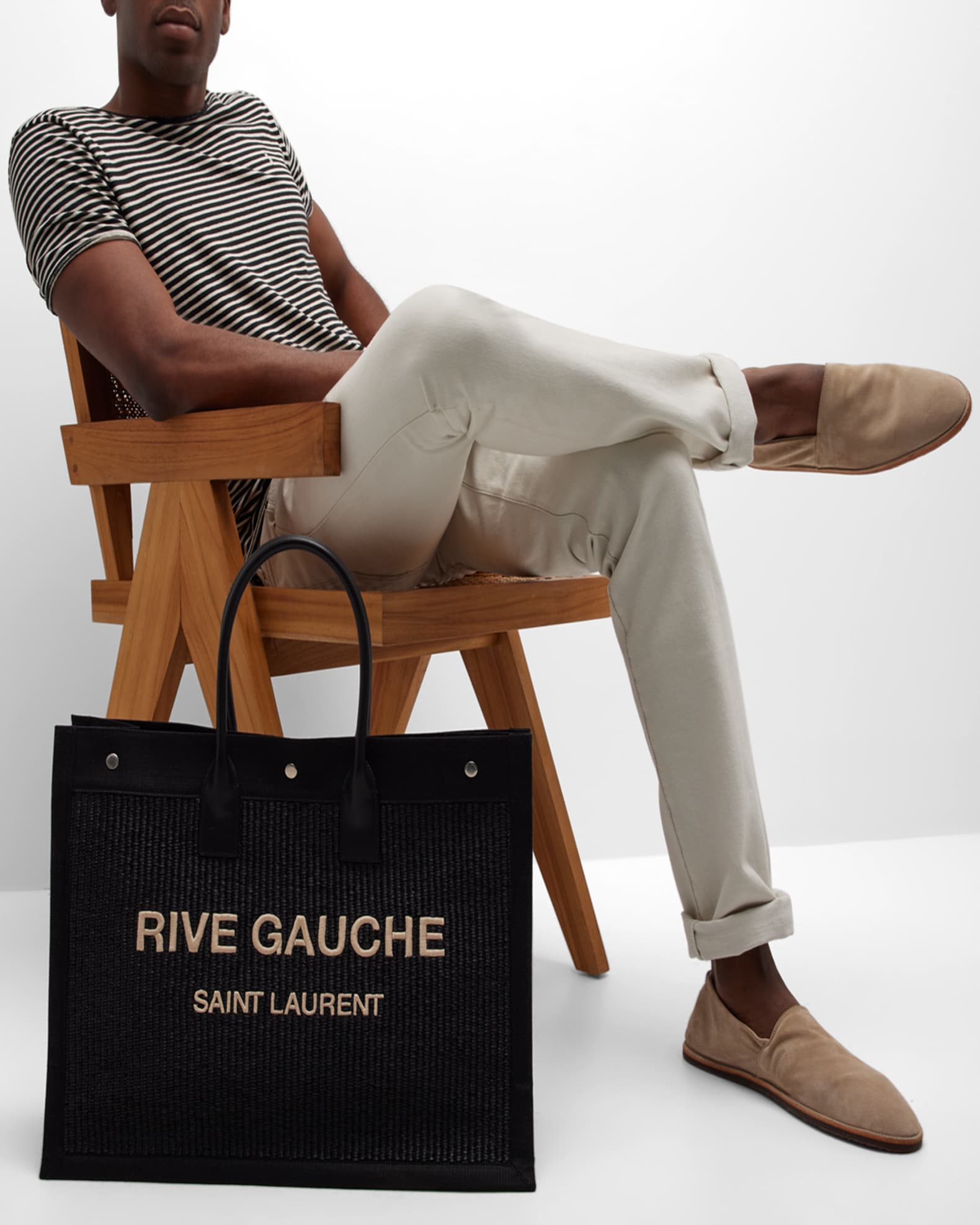 Saint Laurent Men's Rive Gauche Raffia Canvas Tote Bag | Neiman Marcus