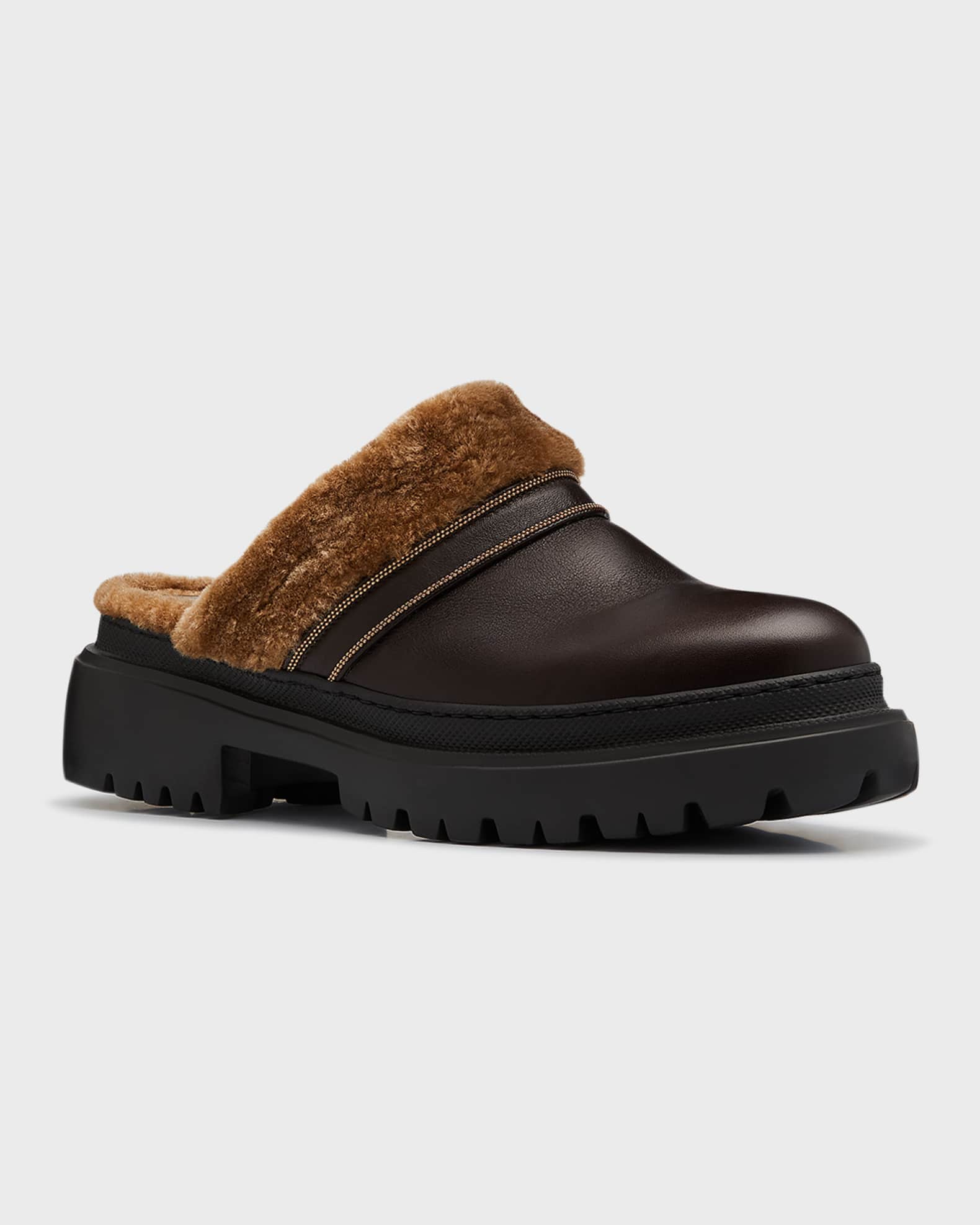 Brunello Cucinelli Leather Shearling Lug-Sole Clogs | Neiman Marcus