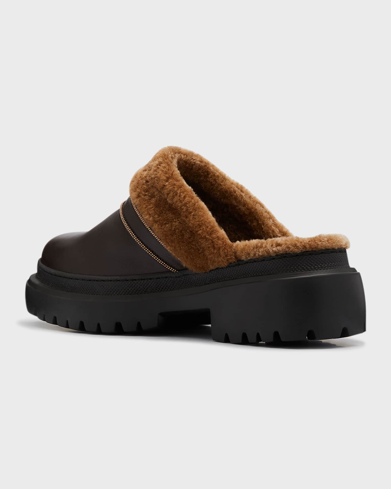 Brunello Cucinelli Leather Shearling Lug-Sole Clogs | Neiman Marcus