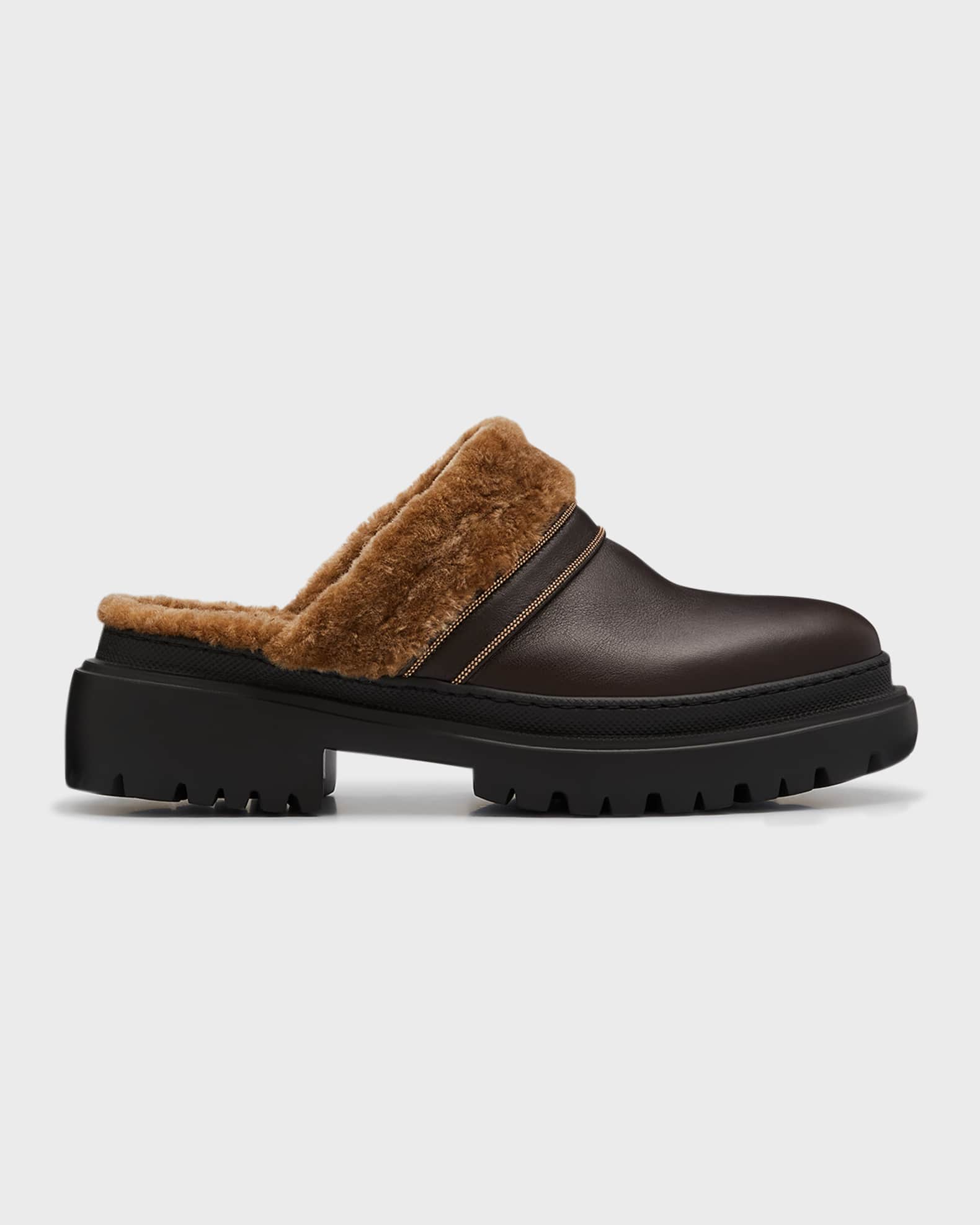 Brunello Cucinelli Leather Shearling Lug-Sole Clogs | Neiman Marcus