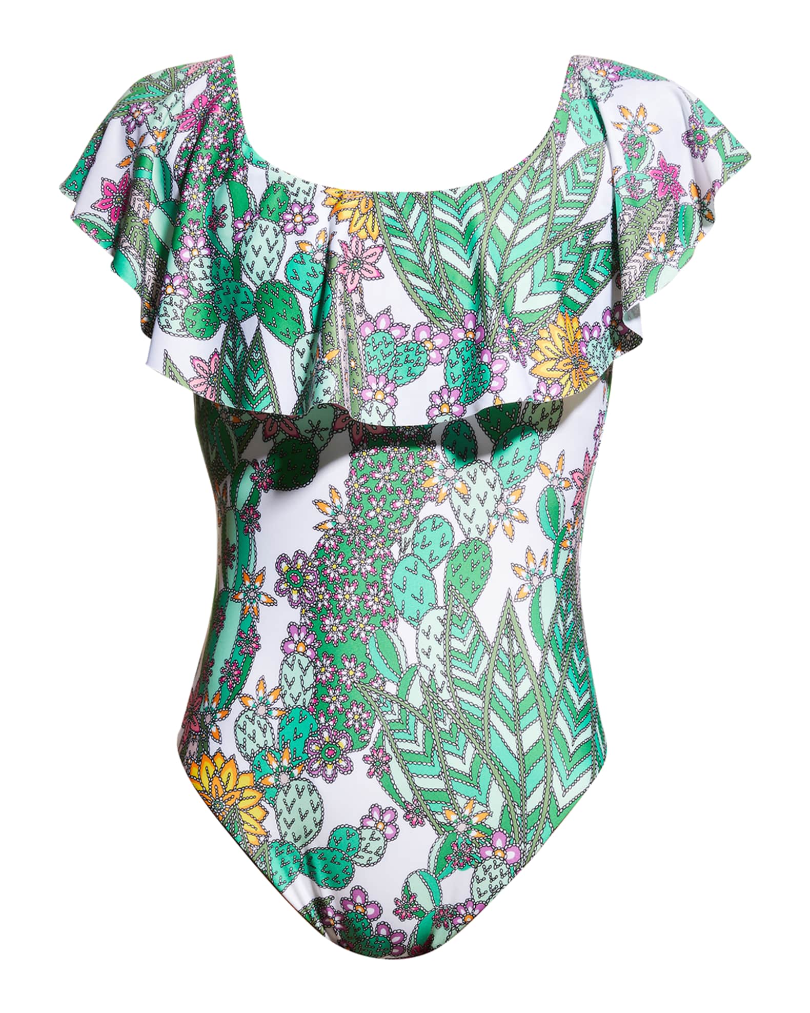 Trina Turk Cacti Ruffle Off-Shoulder One-Piece Swimsuit | Neiman Marcus