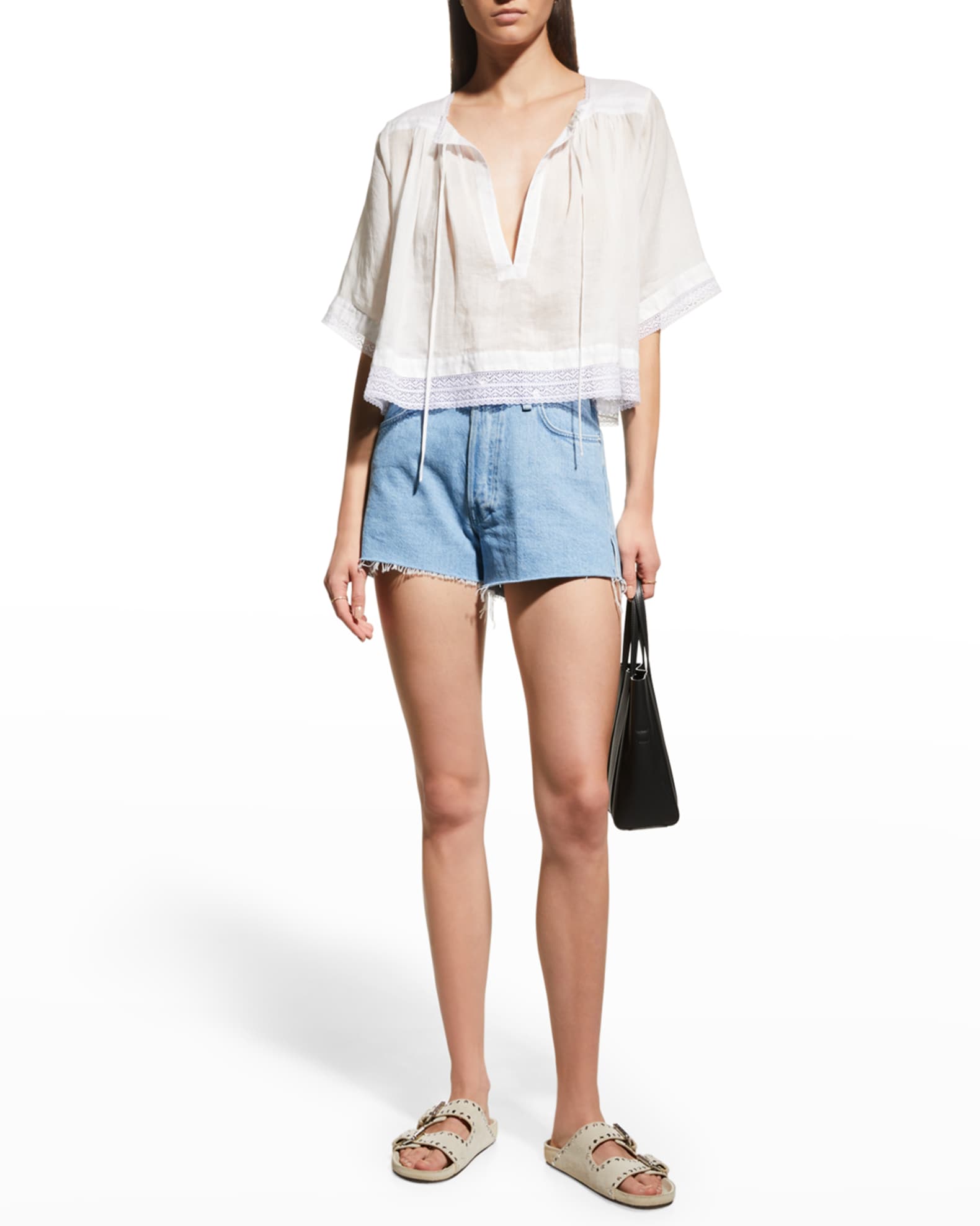 Rag & Bone Charlotte Pleated Linen Lace Top | Neiman Marcus