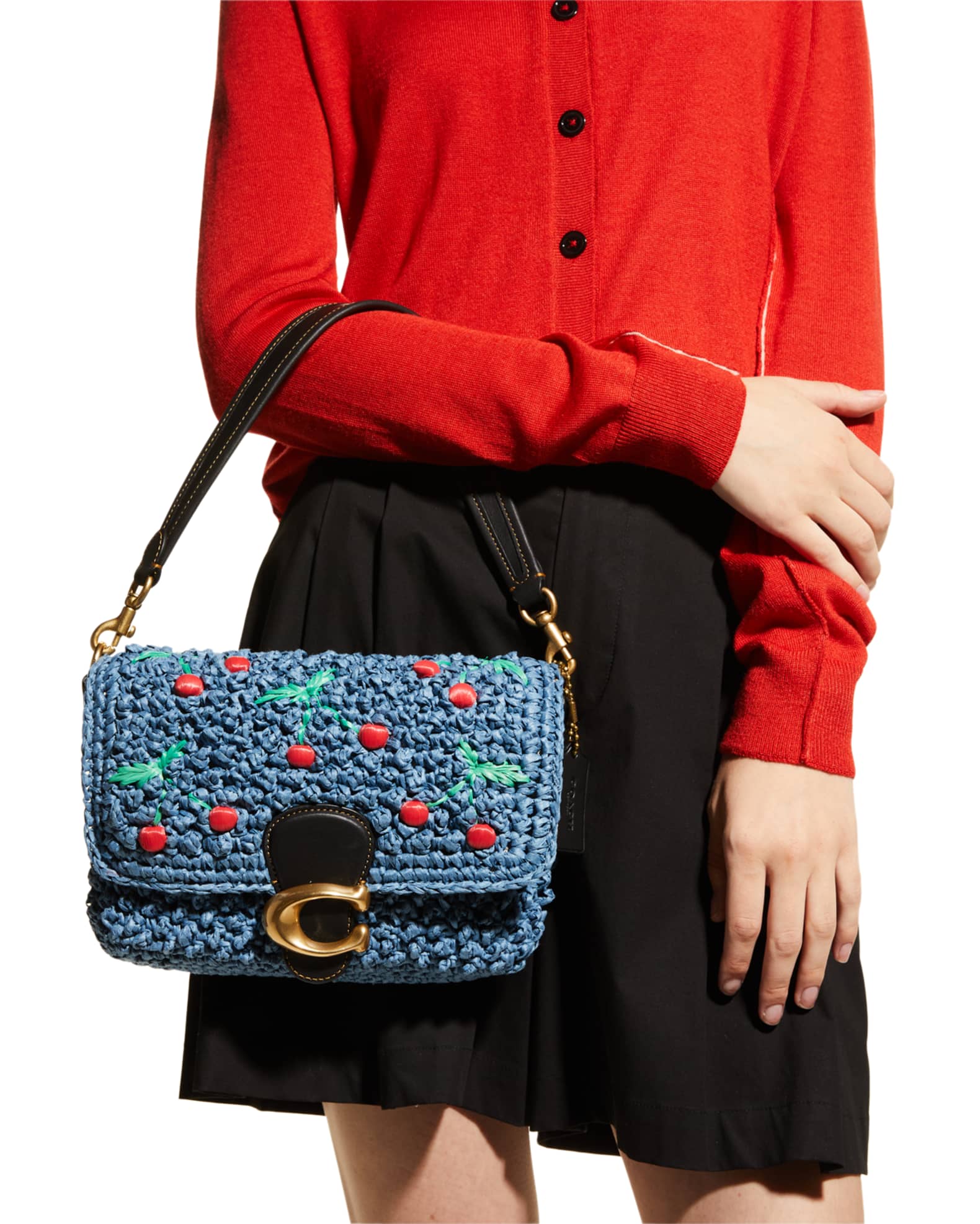 Coach Tabby Cherry Embroidered Straw Shoulder Bag | Neiman Marcus