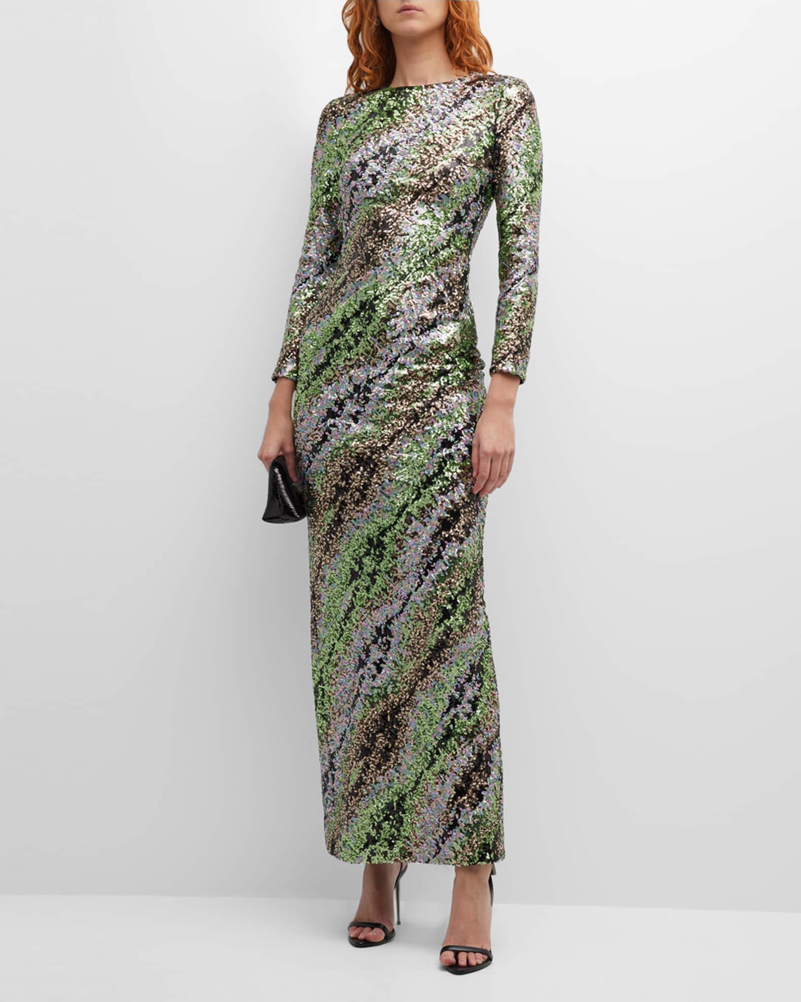 Halpern Open-Back Diagonal Sequin Column Gown | Neiman Marcus
