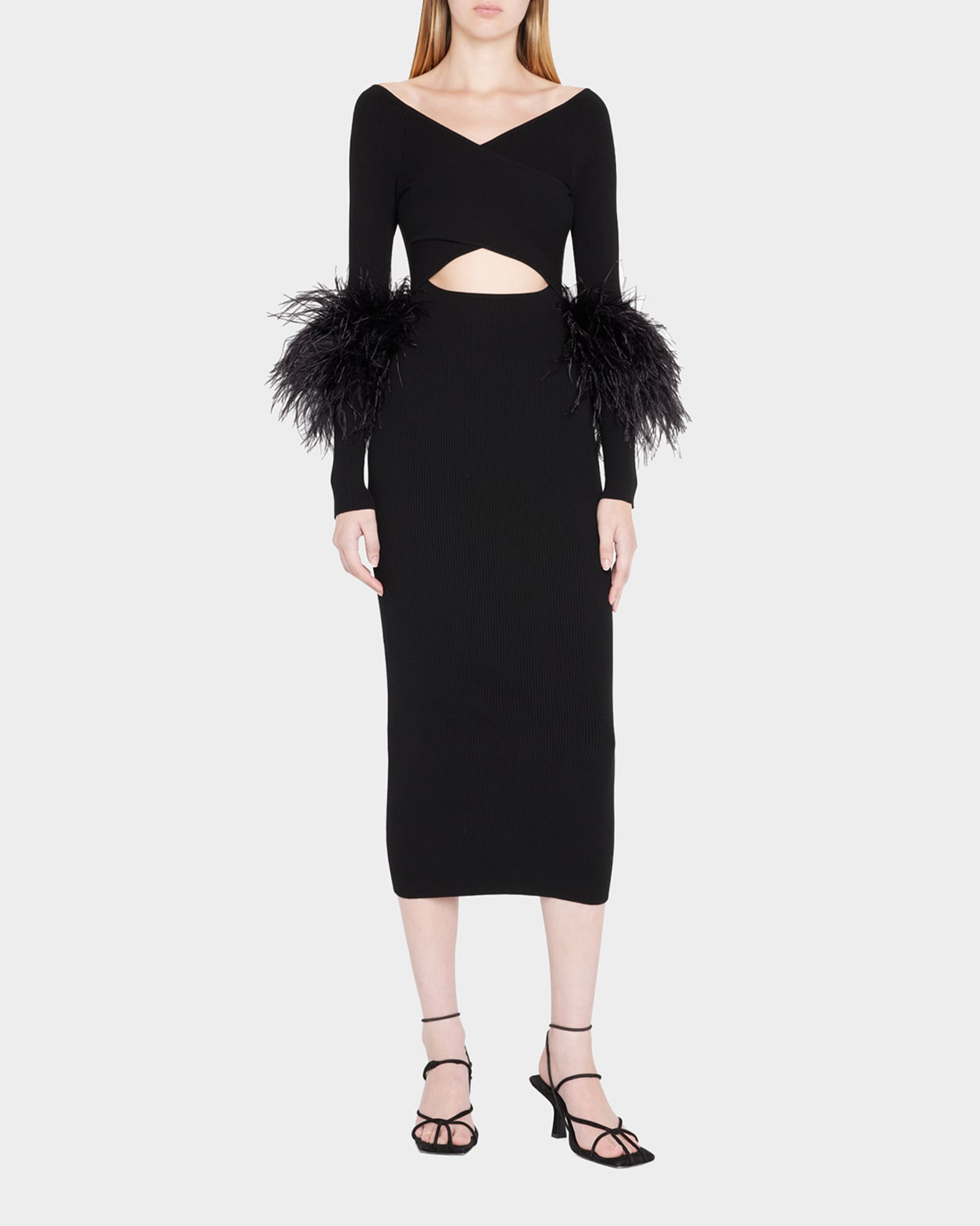 LAPOINTE Criss-Cross Cutout Midi Dress w/ Feather Trim | Neiman Marcus