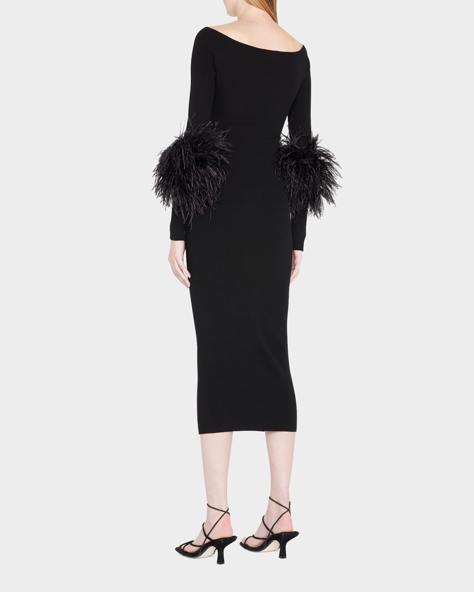 LAPOINTE Criss-Cross Cutout Midi Dress w/ Feather Trim | Neiman Marcus