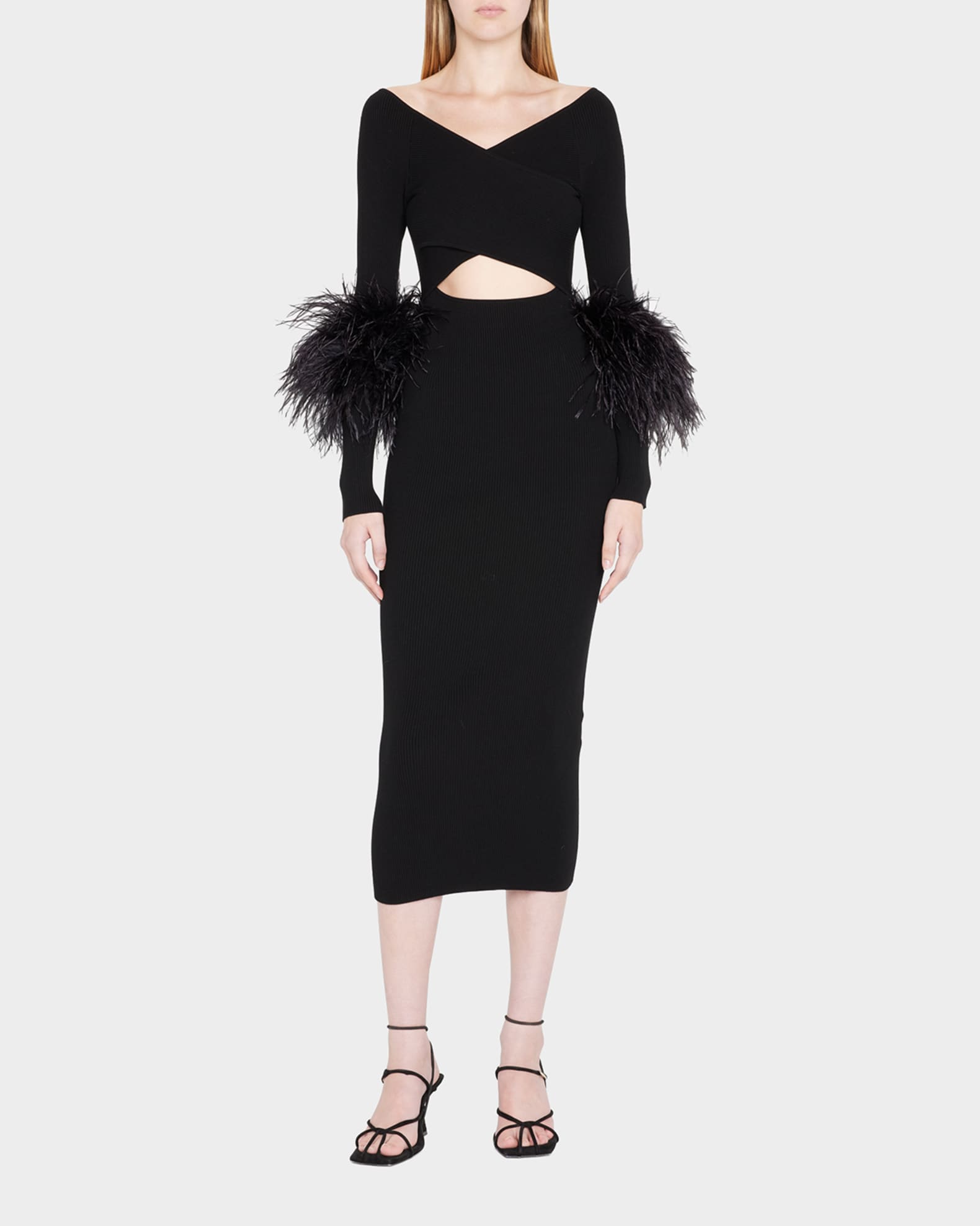 LAPOINTE Criss-Cross Cutout Midi Dress w/ Feather Trim | Neiman Marcus