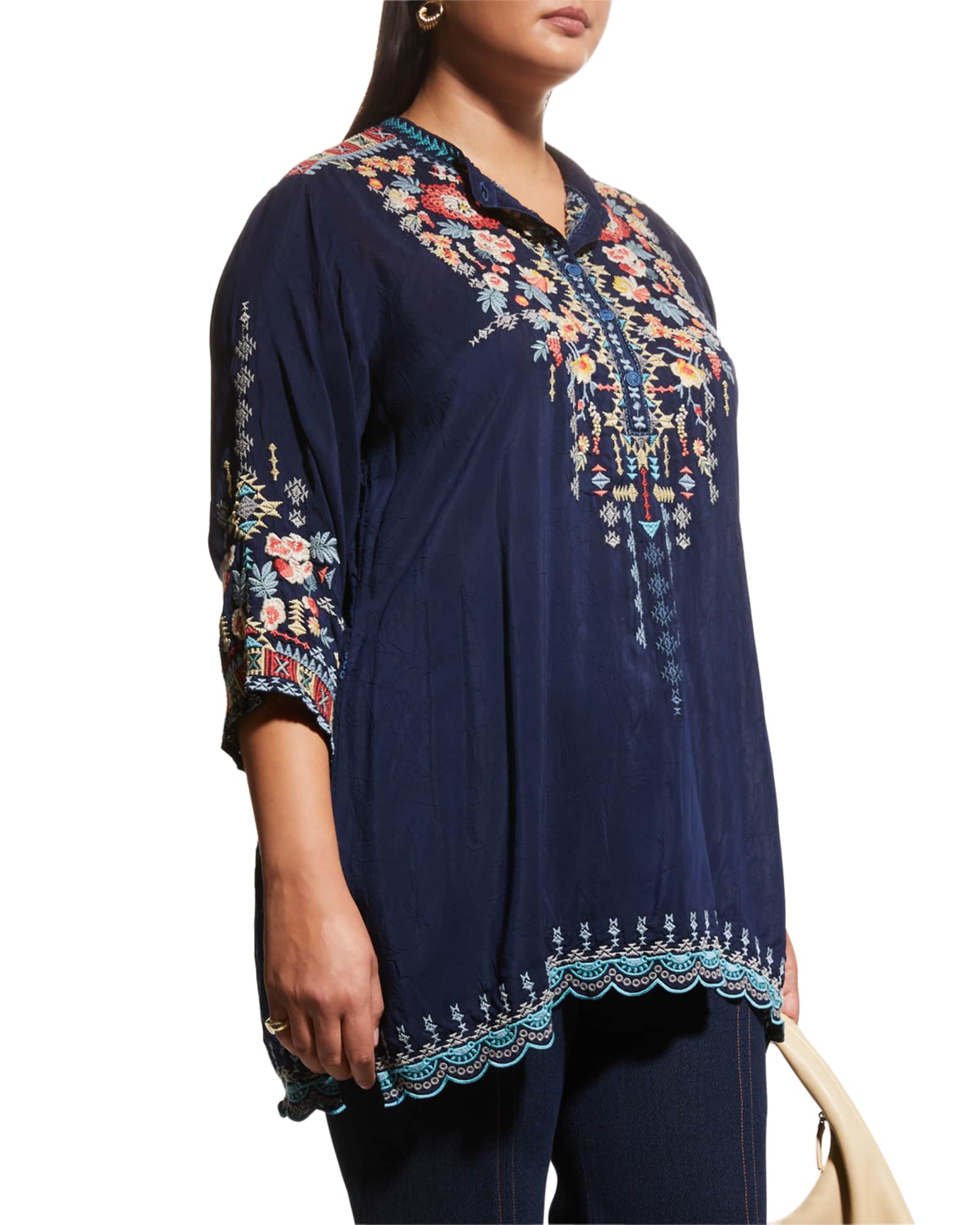Johnny Was Plus Size Vicenza Floral-Embroidered Tunic | Neiman Marcus