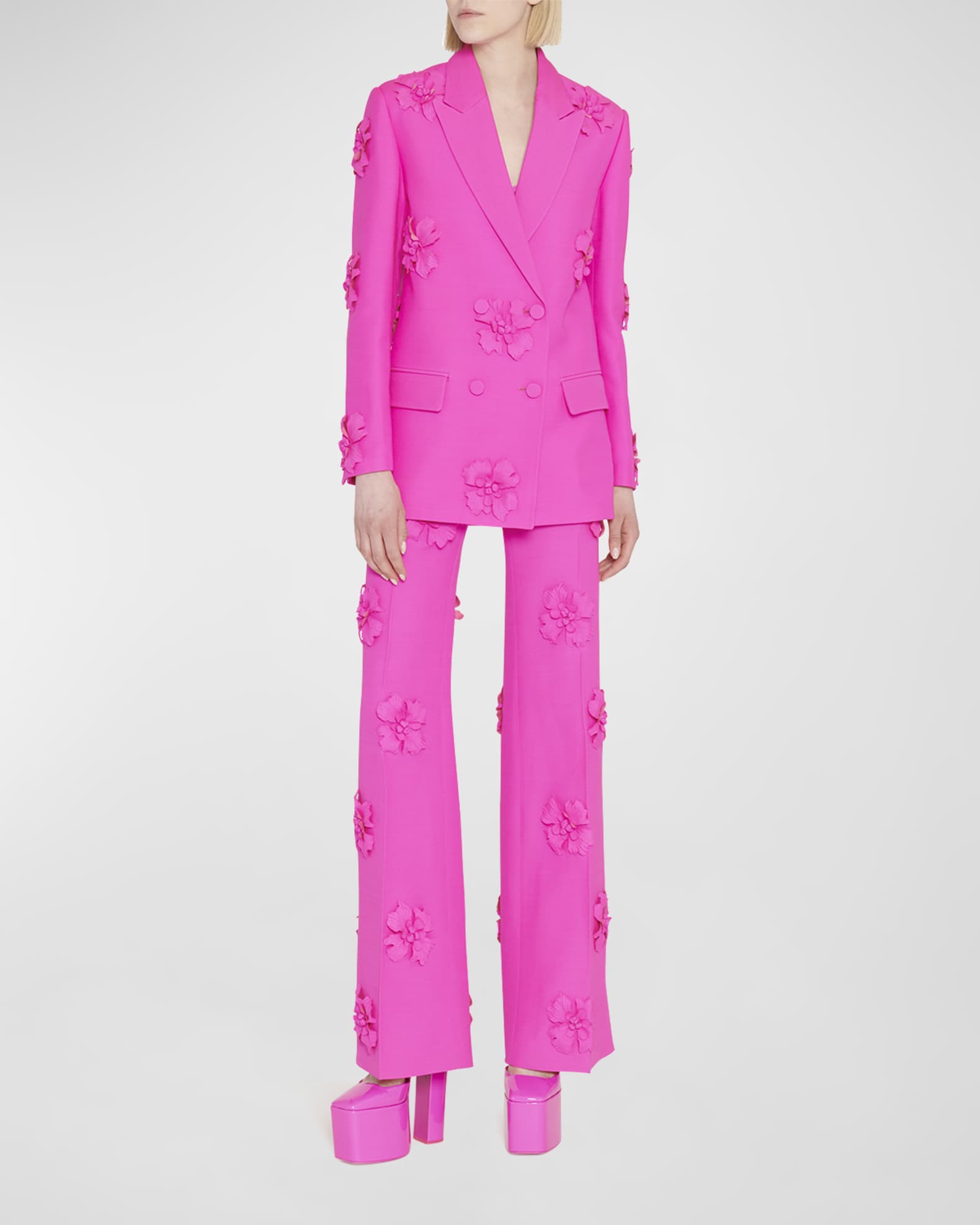 Valentino Garavani Flower Applique Double-Breasted Blazer | Neiman Marcus