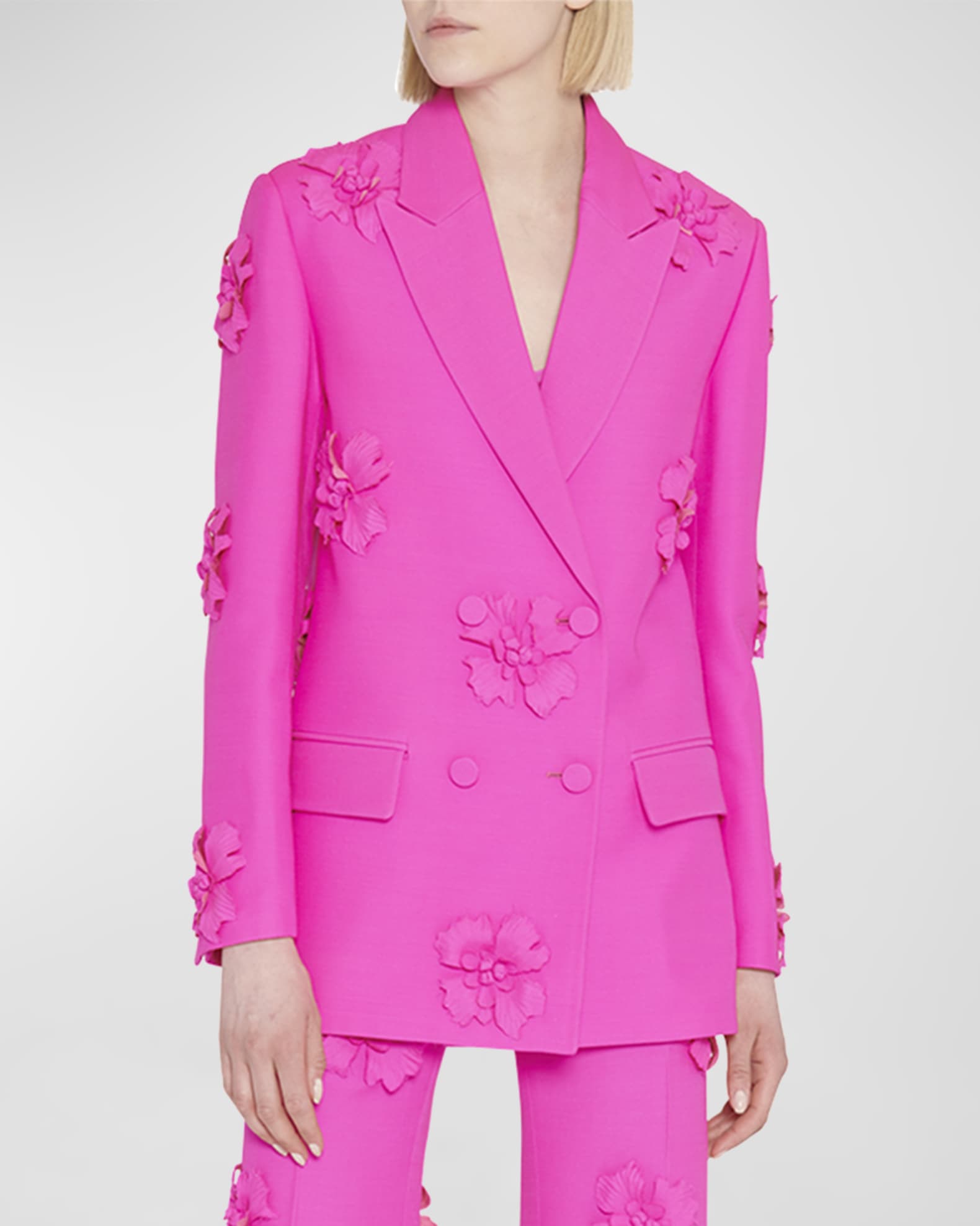 Valentino Garavani Flower Applique Double-Breasted Blazer | Neiman Marcus