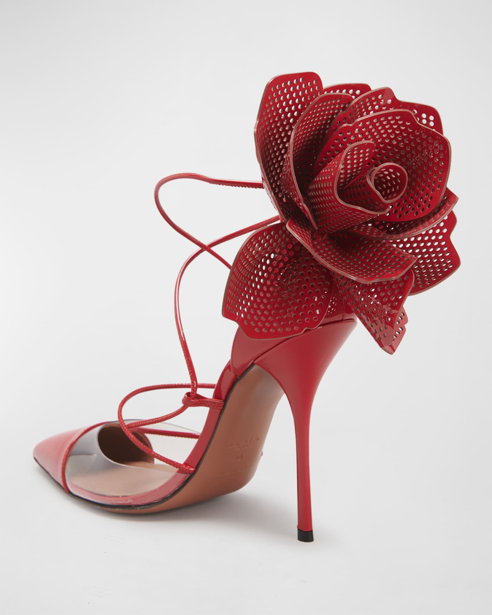 ALAIA Leather Lace-Up Floral Pom Pumps | Neiman Marcus