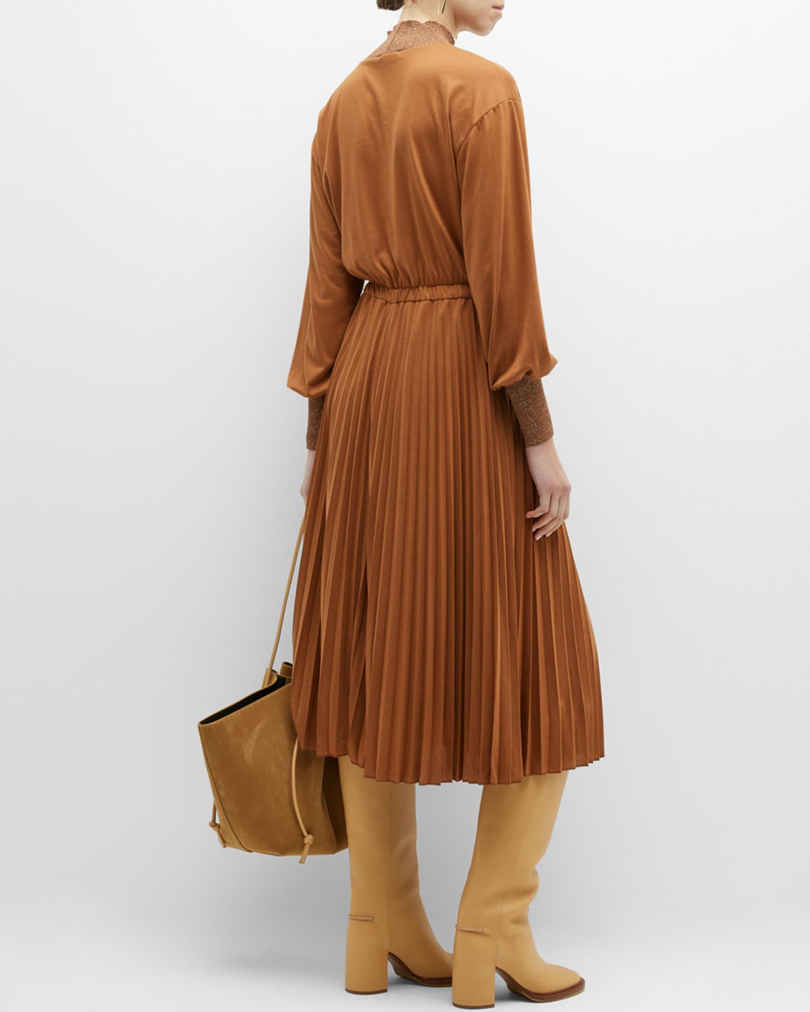 Marella Burda Pleated Mock-Neck Jersey Midi Dress | Neiman Marcus