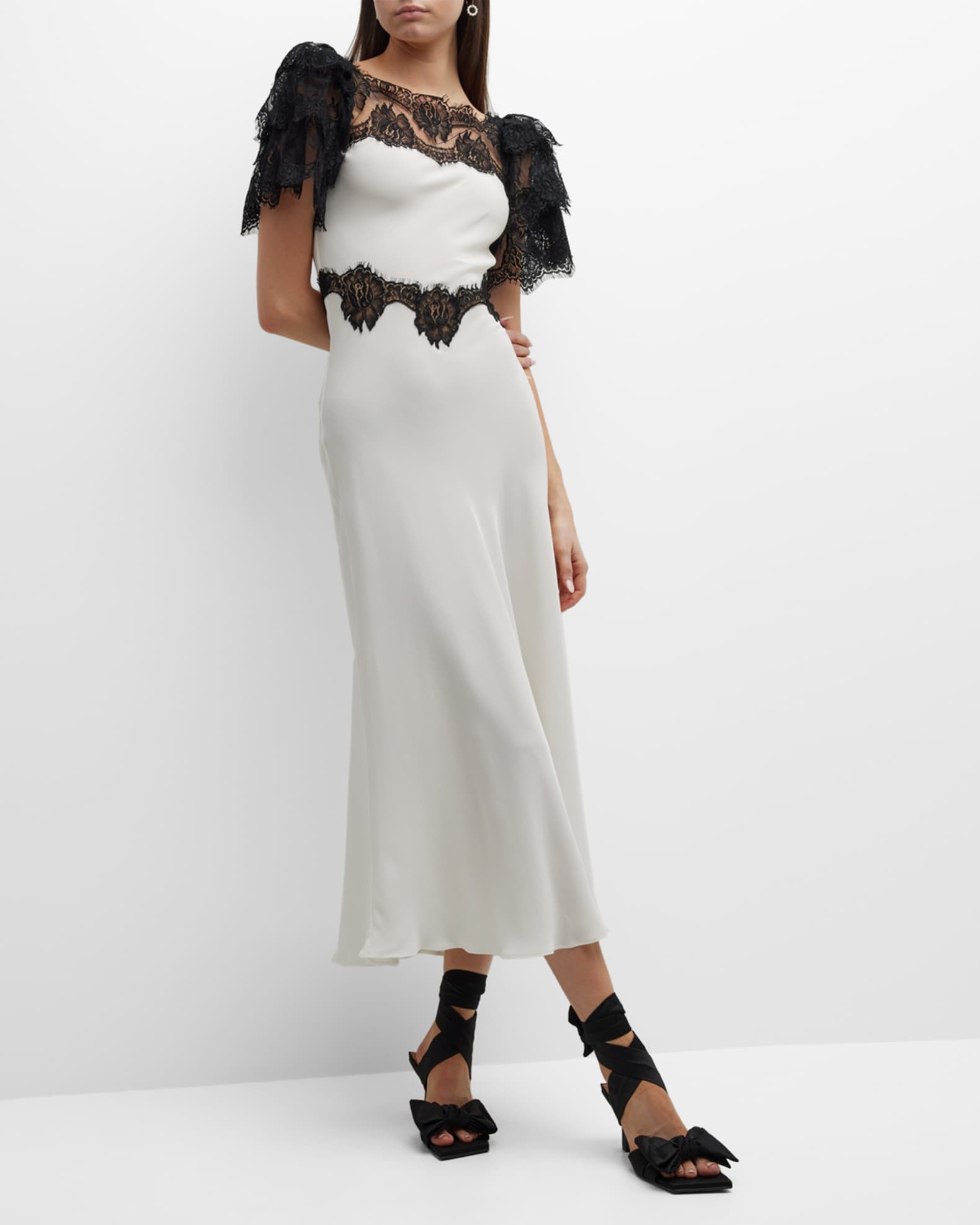 Rodarte Silk Crepe Dress With Black Rose Lace Details | Neiman Marcus