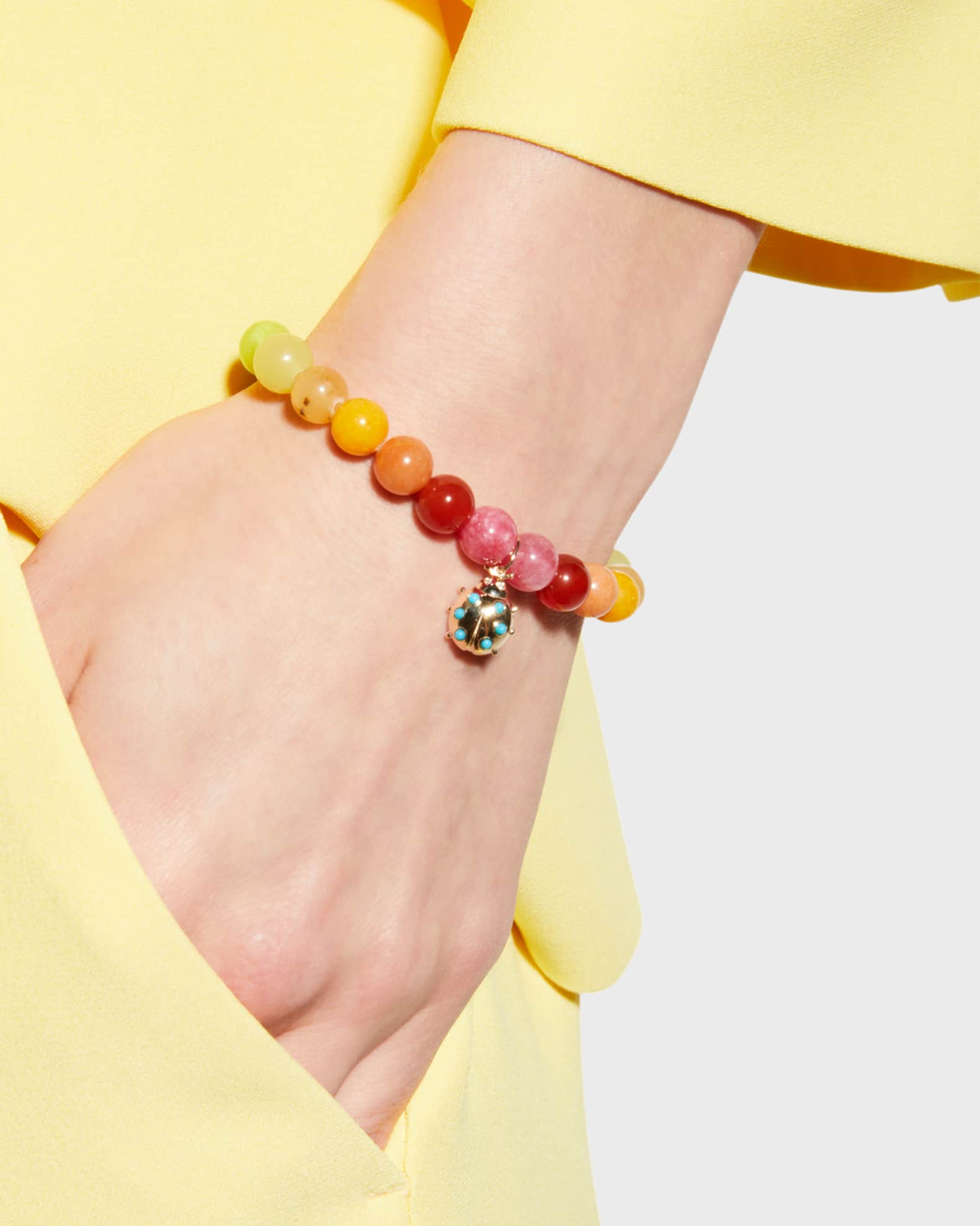 Sydney Evan Rainbow Jade Bracelet with Small Ladybug Charm | Neiman Marcus