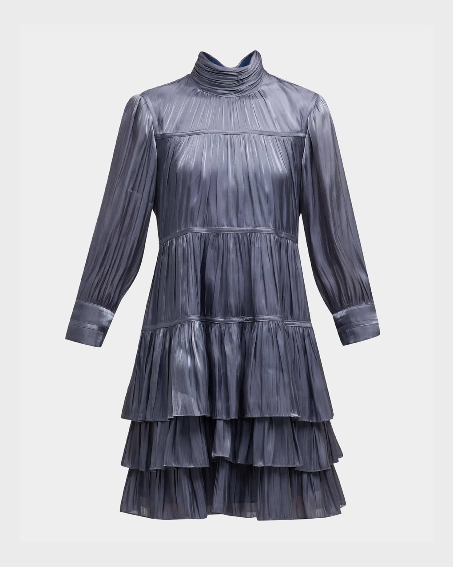 Cinq a Sept Riva Satin Plisse Tiered Turtleneck Mini Dress | Neiman Marcus
