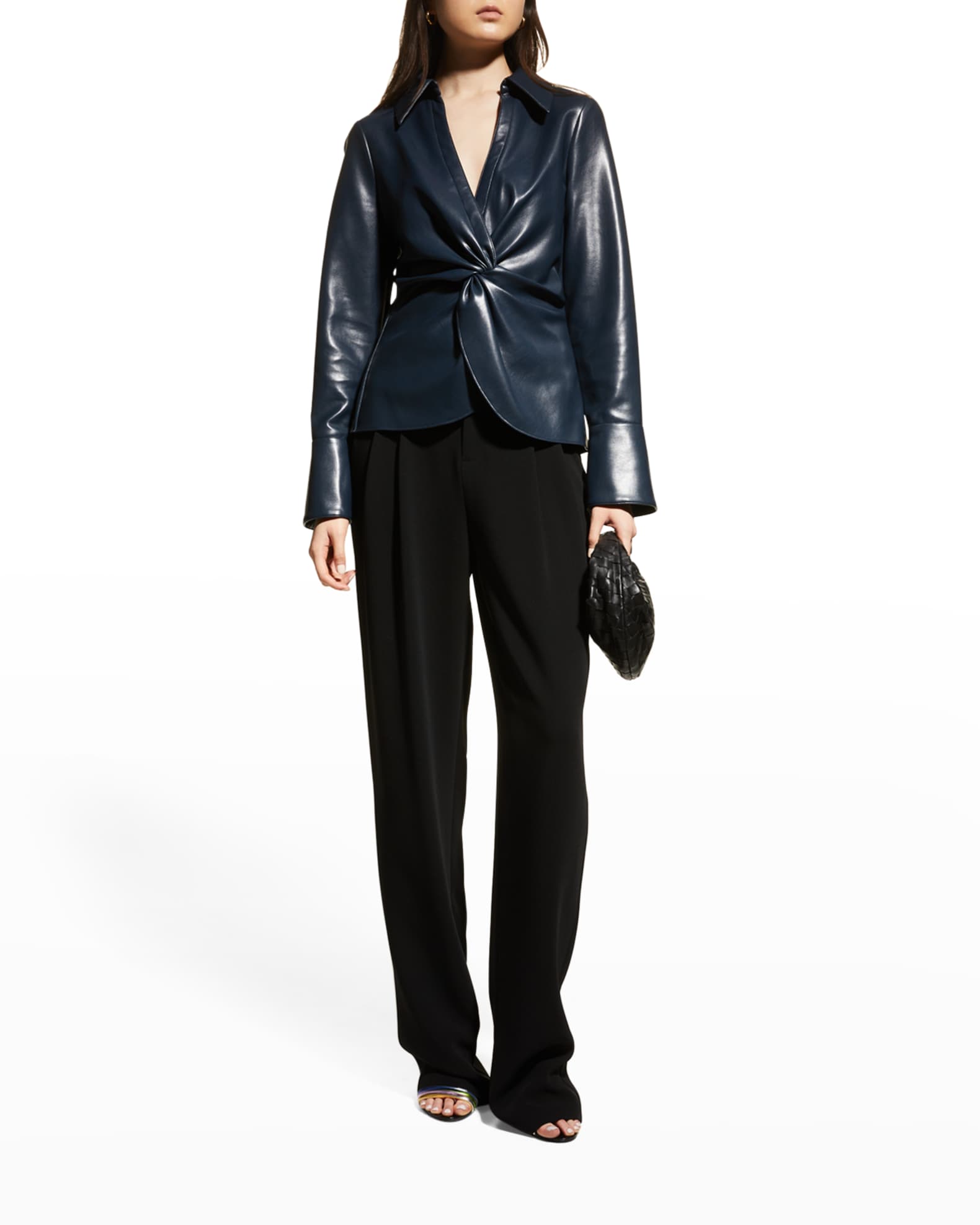 Cinq a Sept McKenna Twisted Faux-Leather Long-Sleeve Top | Neiman Marcus