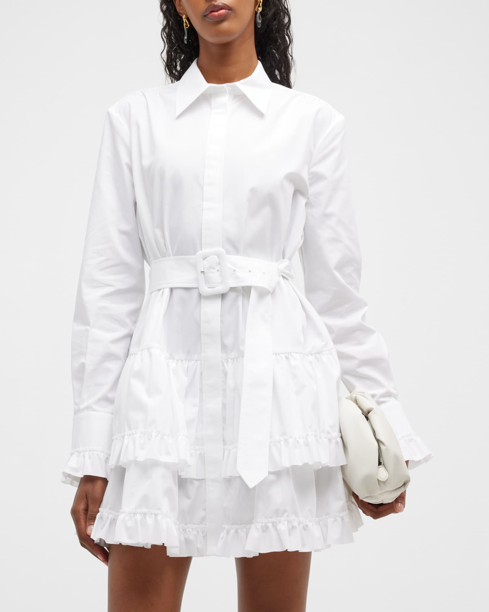Brandon Maxwell Tiered Ruffle Belted Mini Shirtdress | Neiman Marcus