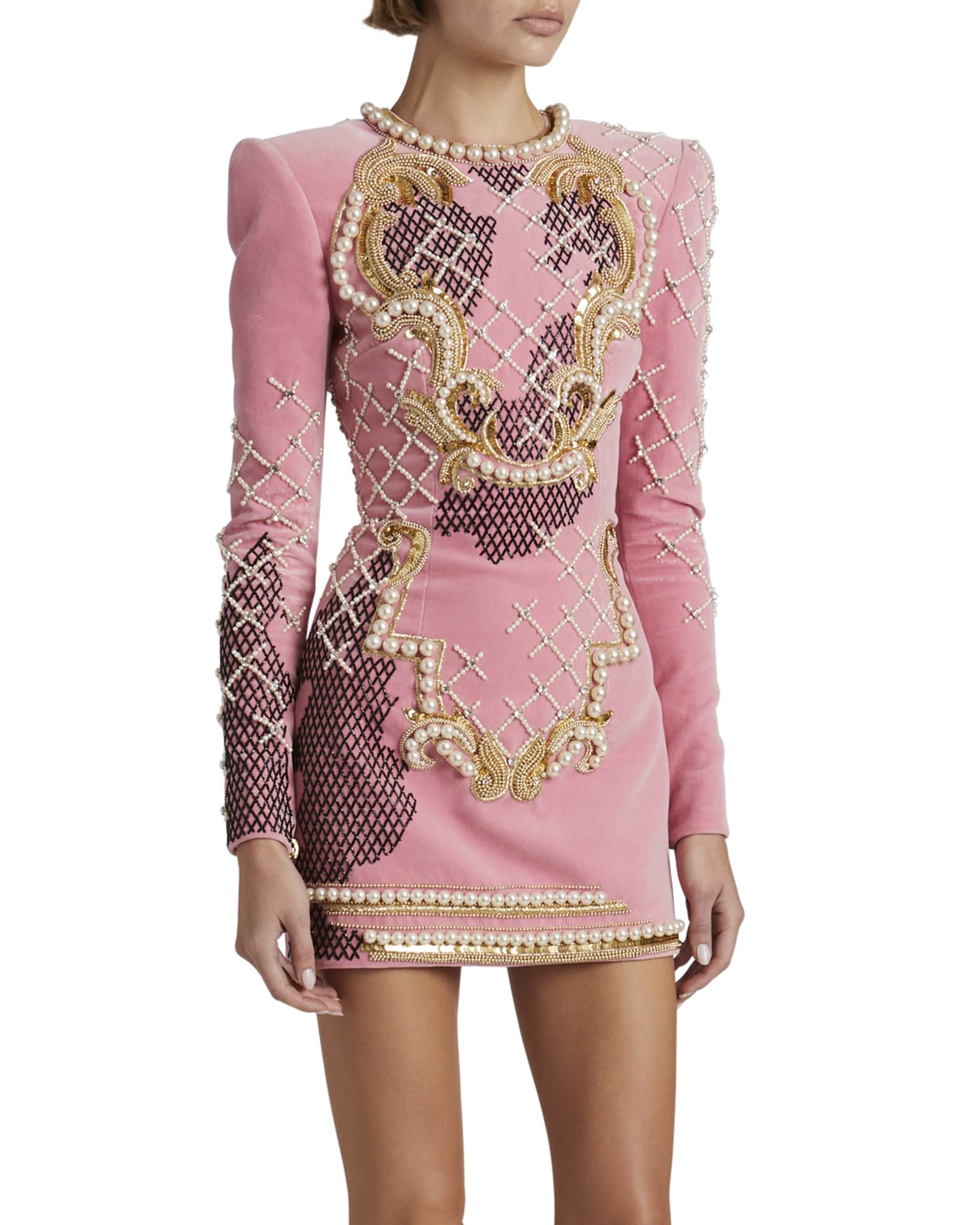Balmain Strong-Shoulder Embellished Velvet Mini Dress | Neiman Marcus