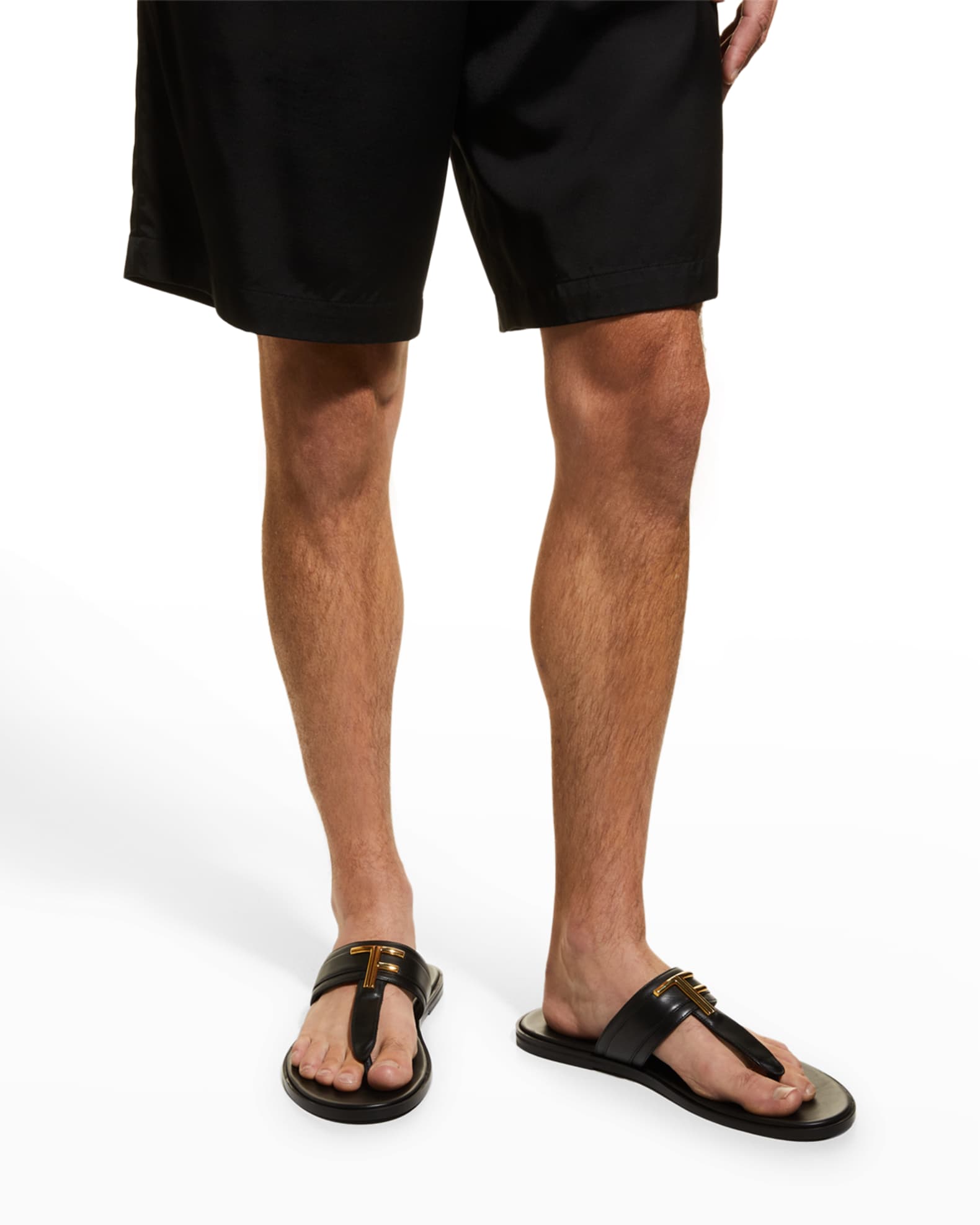 TOM FORD Men's Brighton TF-Logo Leather Slide Sandals | Neiman Marcus