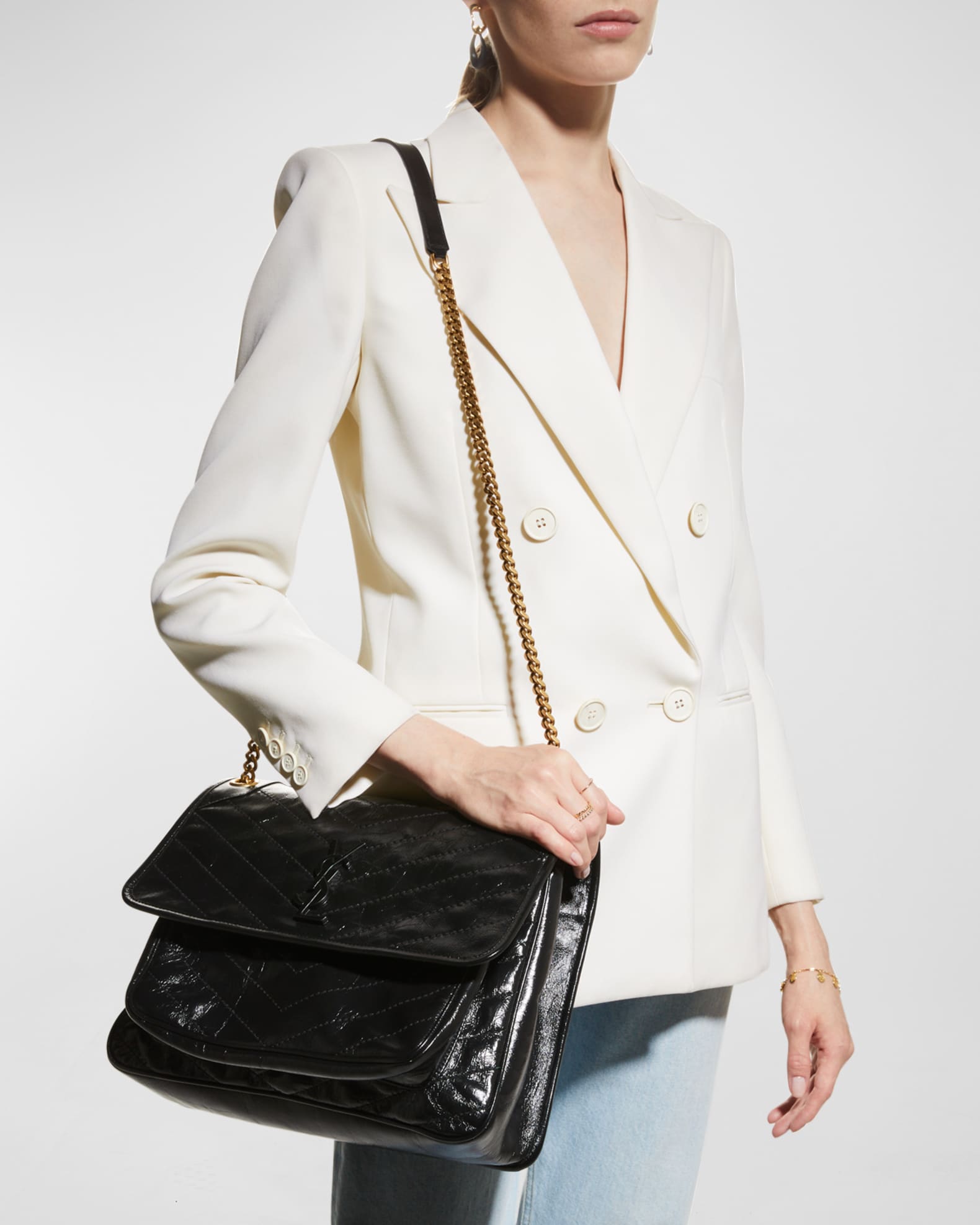 Saint Laurent Niki Large Flap YSL Shoulder Bag in Crinkled Leather ...
