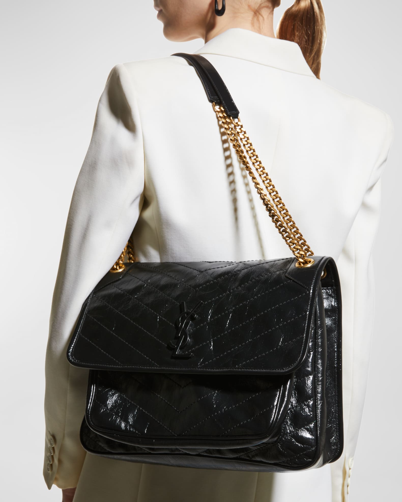 Saint Laurent Niki Large Flap YSL Shoulder Bag in Crinkled Leather ...