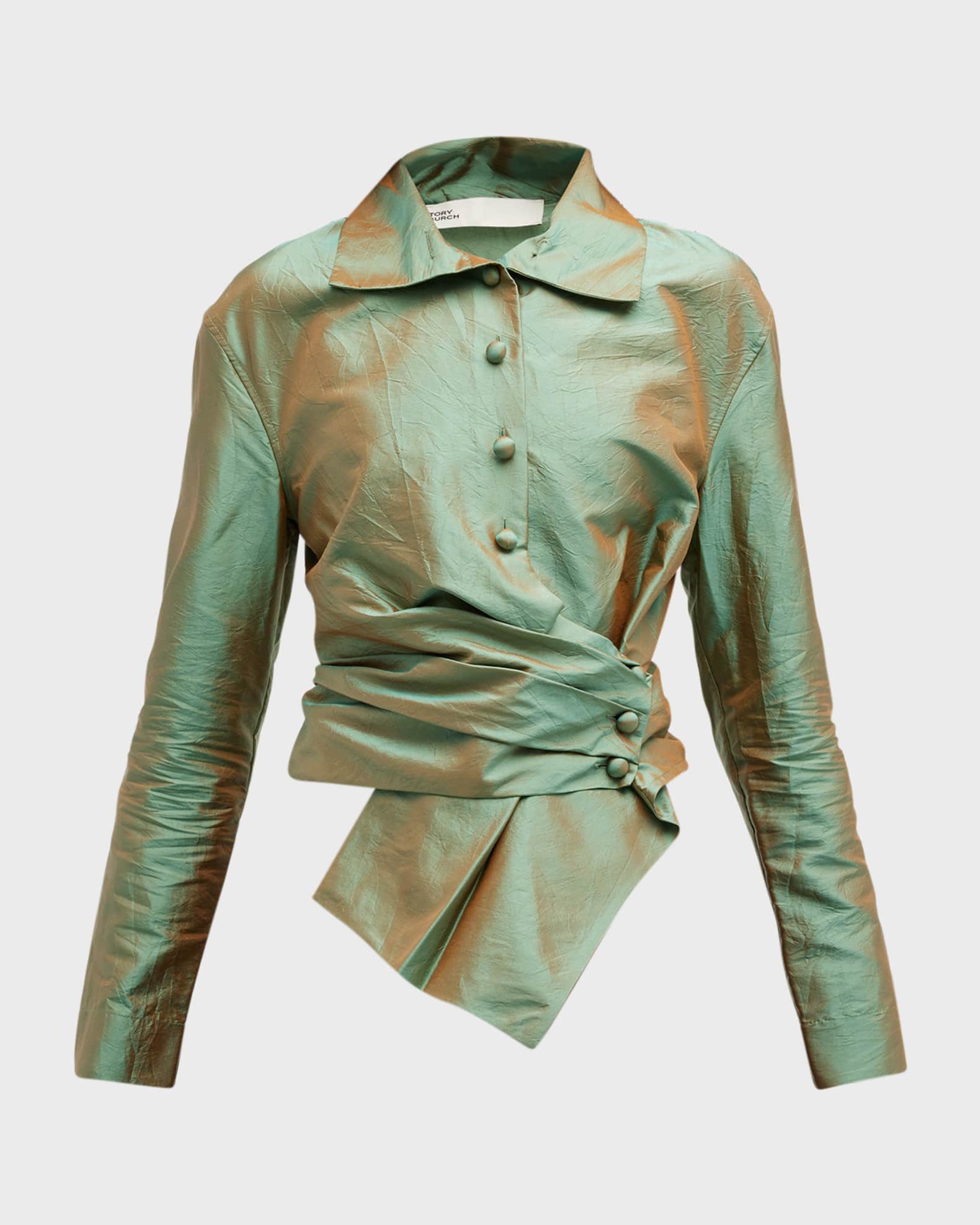 Tory Burch Iridescent Taffeta Button-Down Wrap Shirt | Neiman Marcus