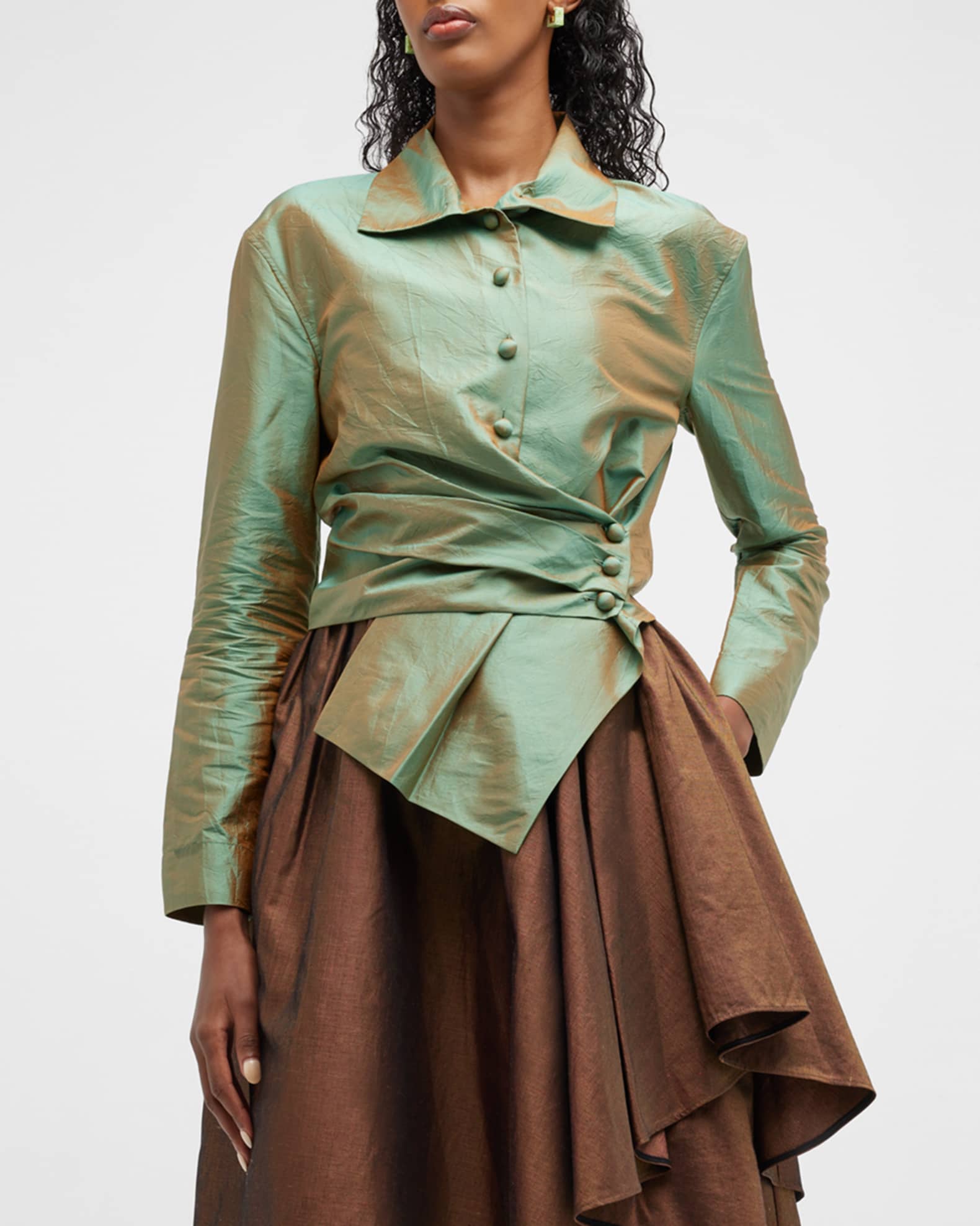 Tory Burch Iridescent Taffeta Button-Down Wrap Shirt | Neiman Marcus