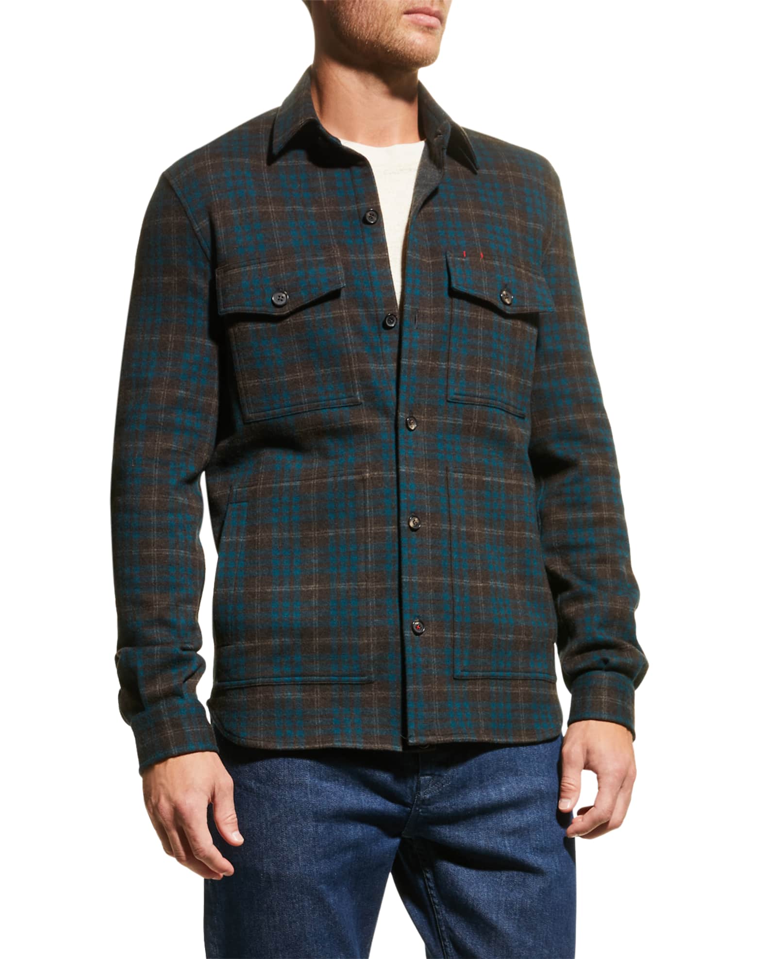Isaia Men's Wool Plaid Overshirt | Neiman Marcus