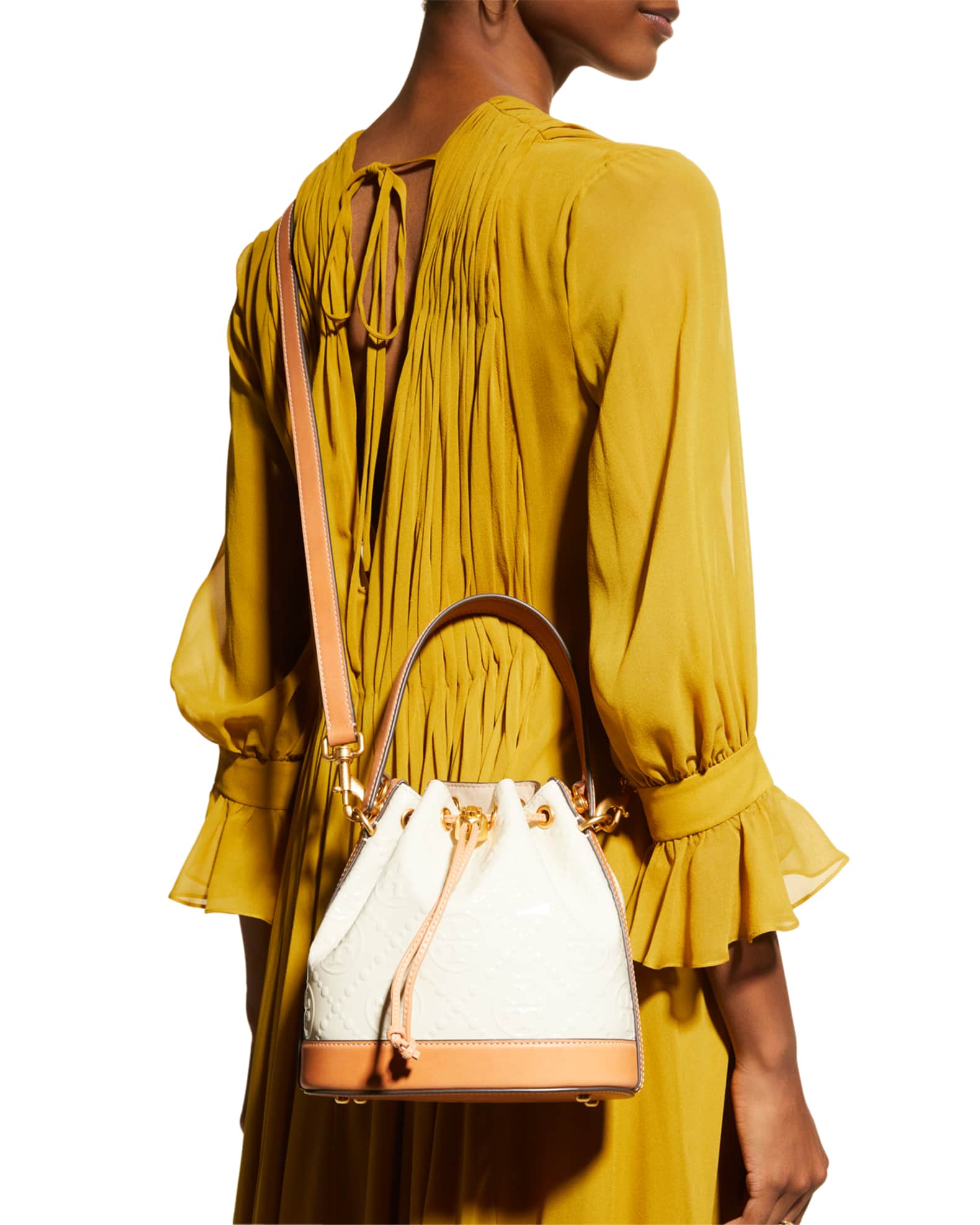 Tory Burch T Monogram Patent Embossed Bucket Bag | Neiman Marcus
