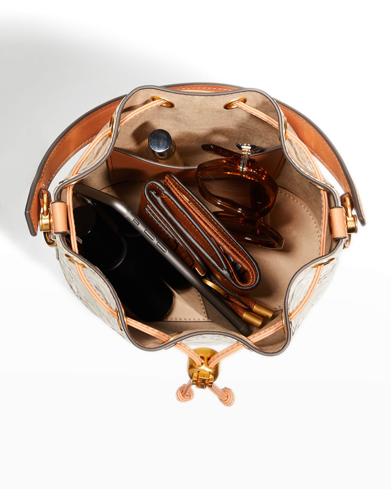 Tory Burch T Monogram Patent Embossed Bucket Bag | Neiman Marcus