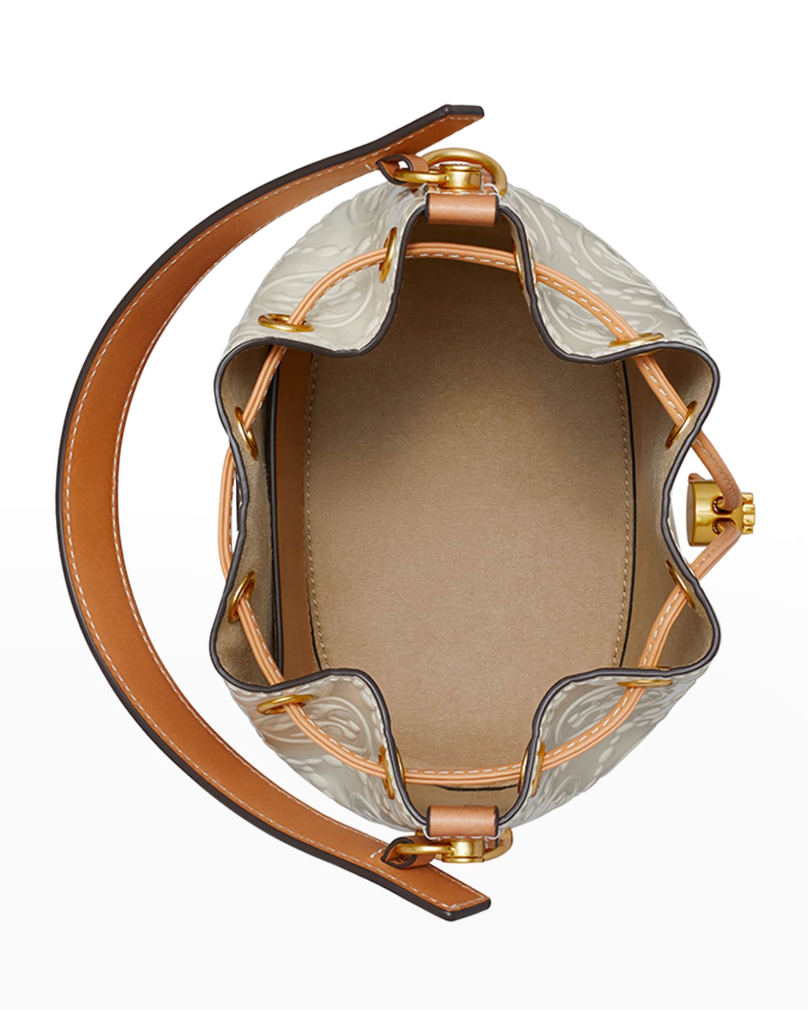 Tory Burch T Monogram Patent Embossed Bucket Bag | Neiman Marcus